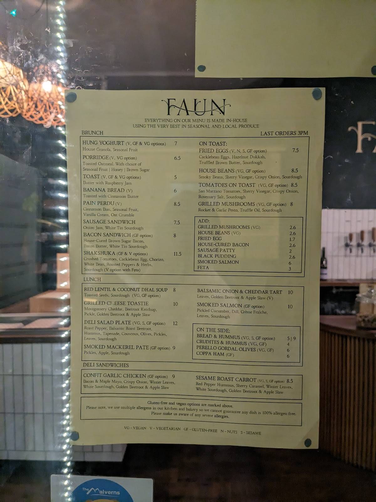 Menu at FAUN cafe, Malvern