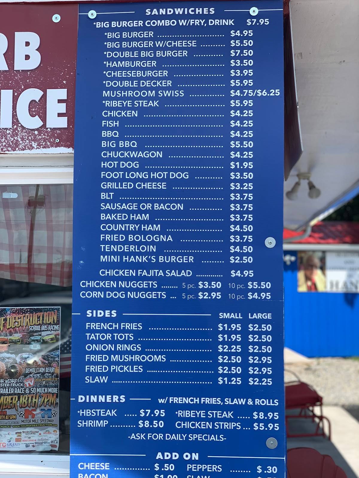 Menu at Hank's Drive In restaurant, Fairlawn