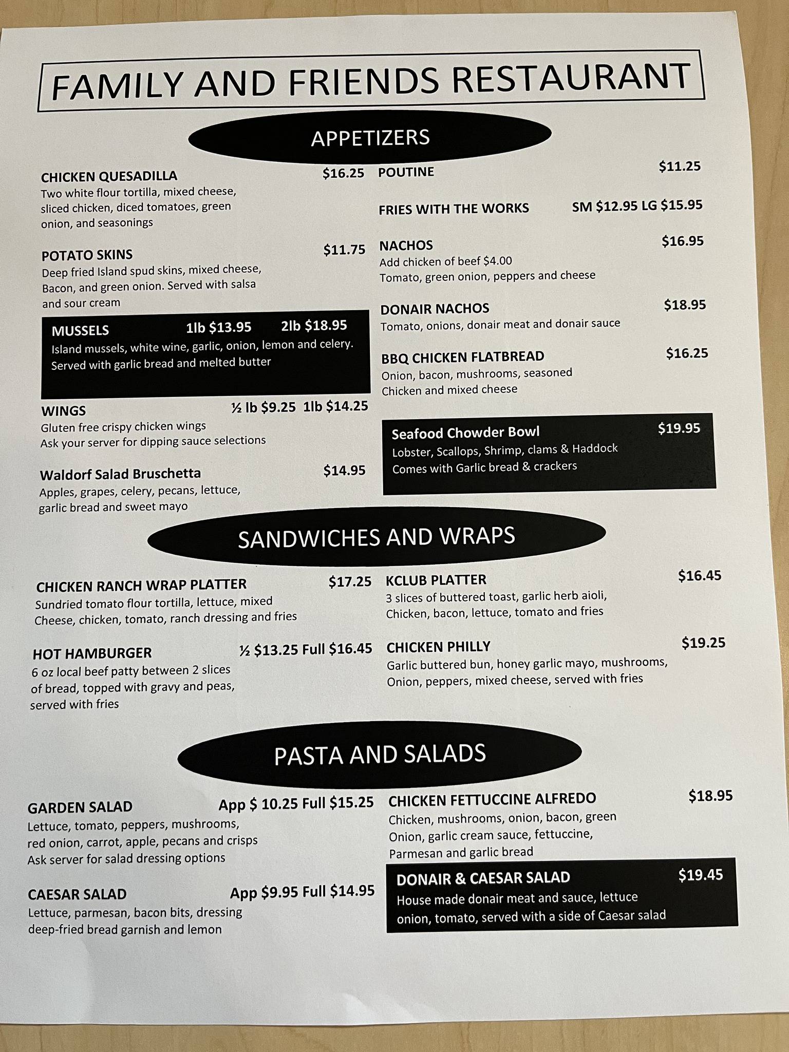 Menu at Family And Friends Restaurant, Kensington, 45 Broadway St N
