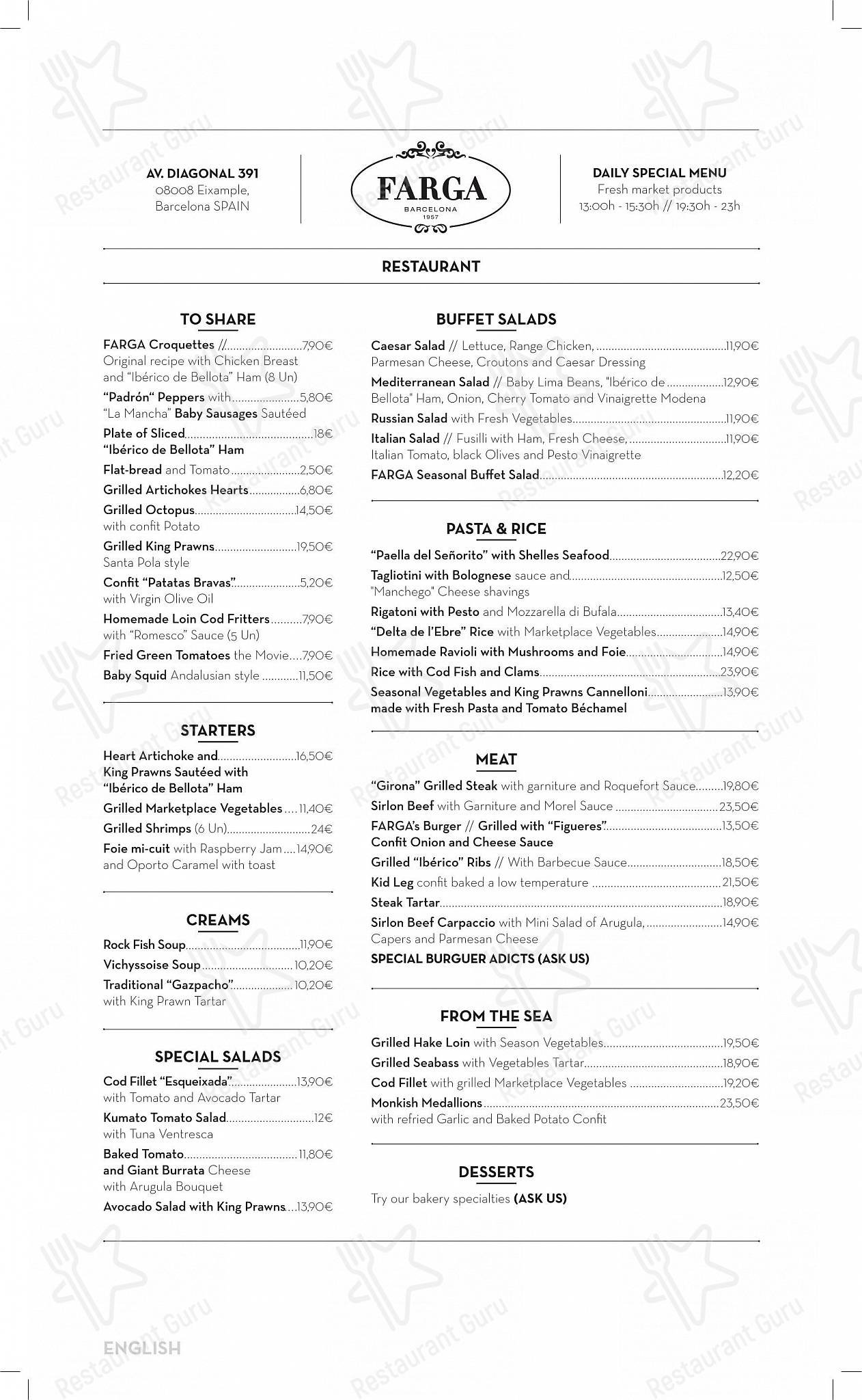 Carta del café Farga del Diagonal, Barcelona, Diagonal