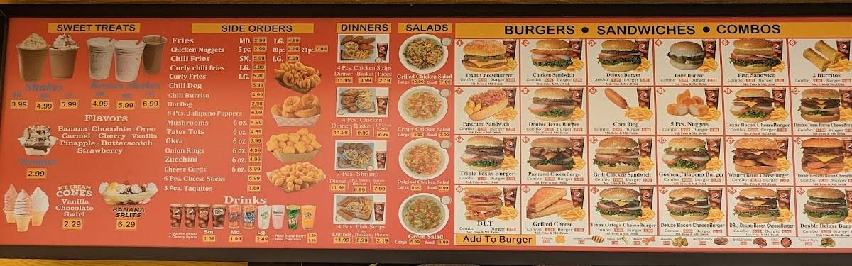 Menu at Buzz's Drive In fast food, Goshen