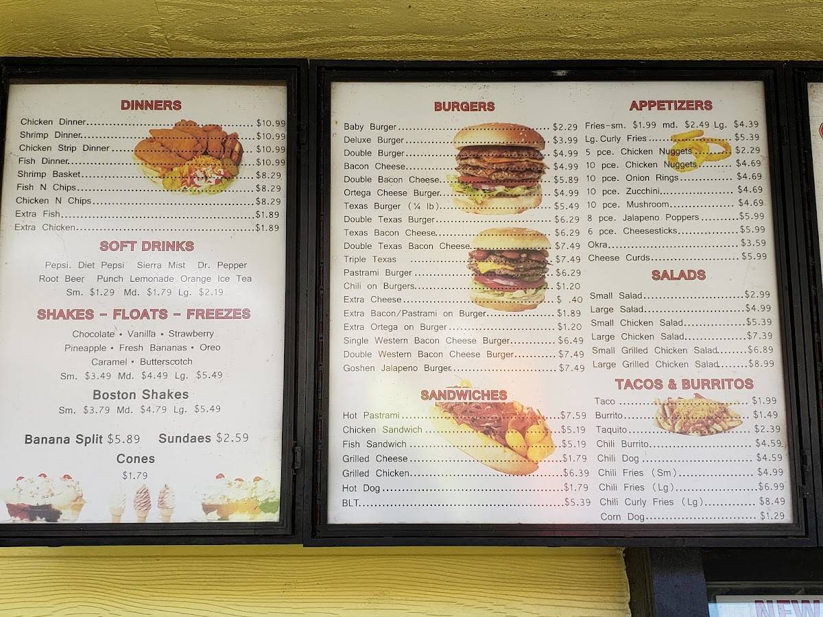 Menu at Buzz's Drive In fast food, Goshen