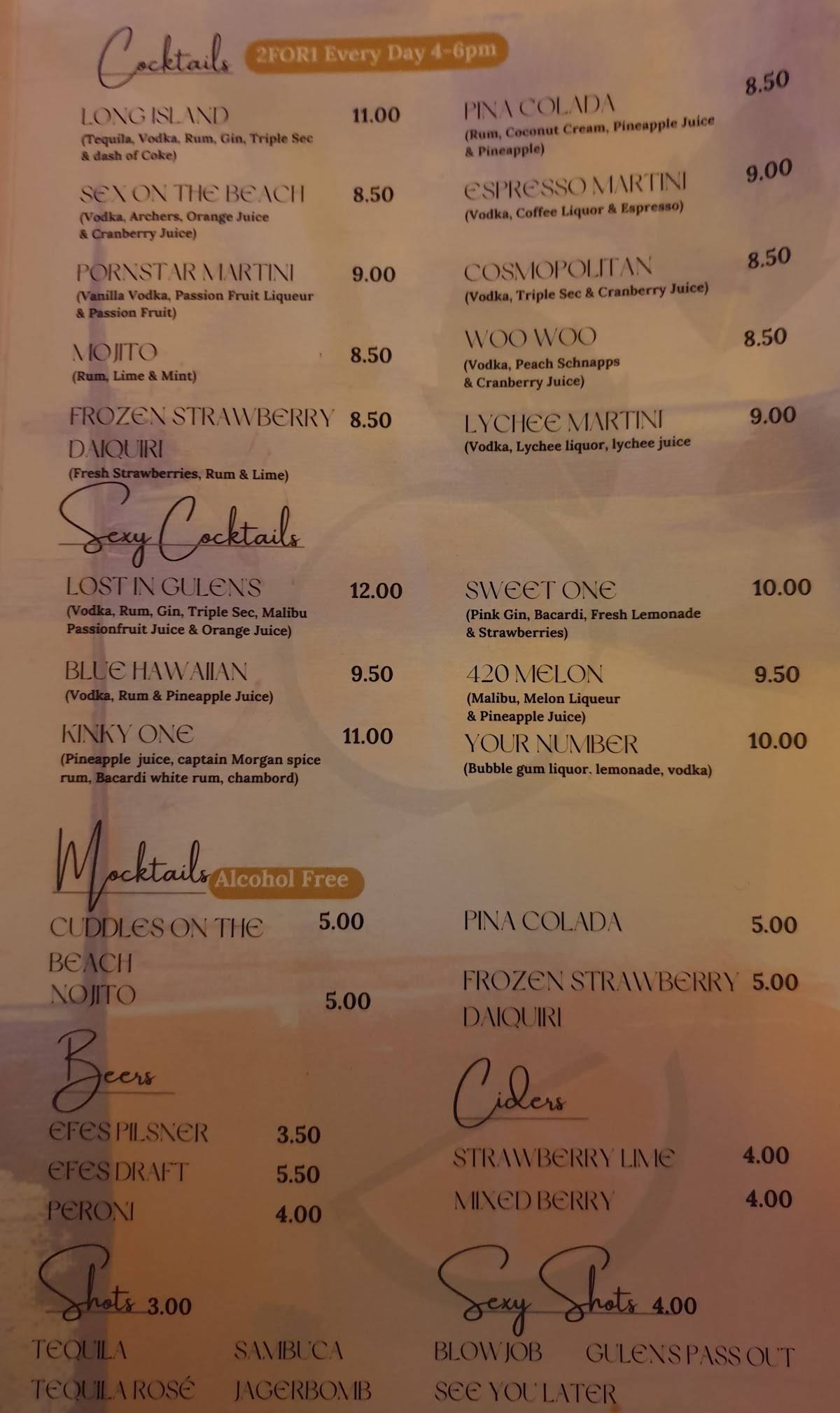 Menu at Gulens welling fast food, Welling