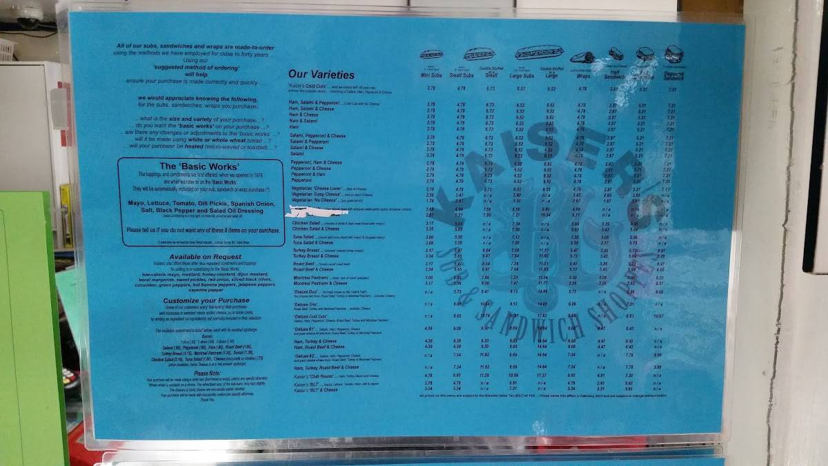 Menu at Kaiser's Sub & Sandwich Shoppe restaurant, Lower Sackville