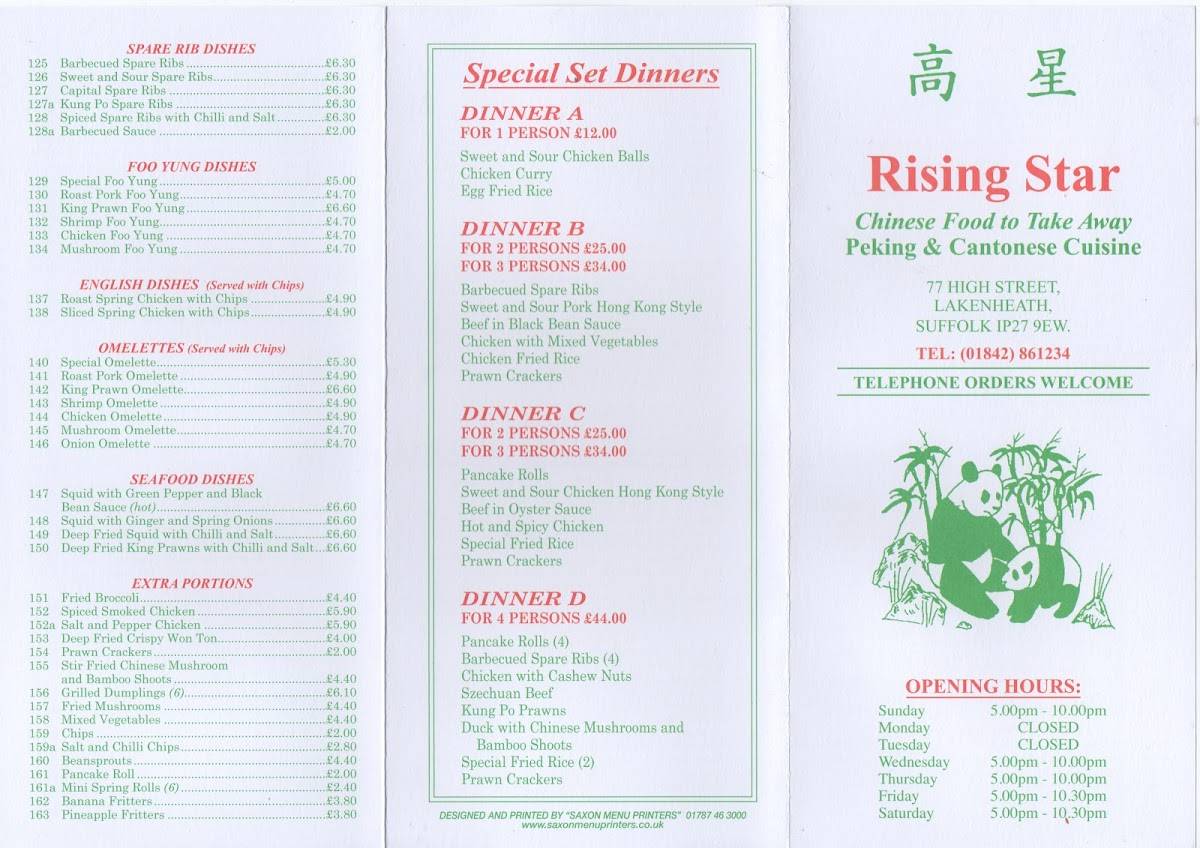 Menu at Rising Star fast food, Lakenheath