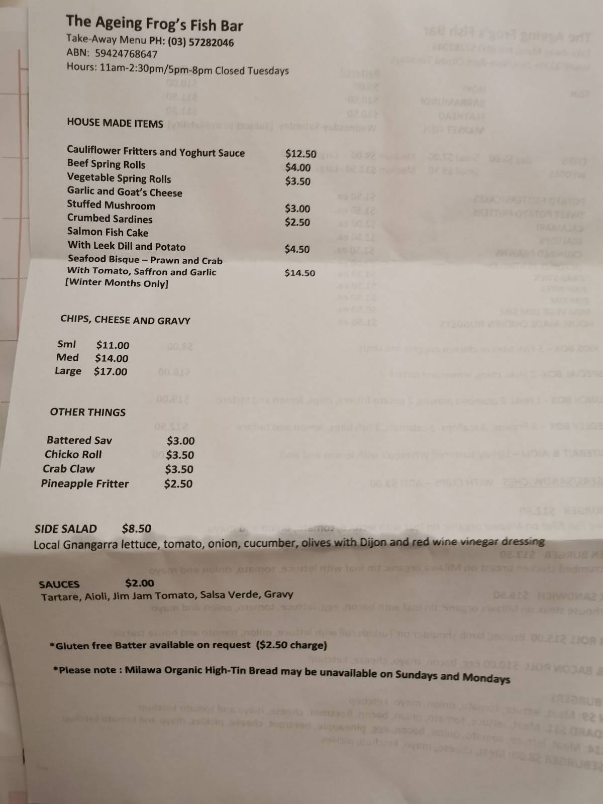 Menu at The Ageing Frog Fish Bar, Beechworth
