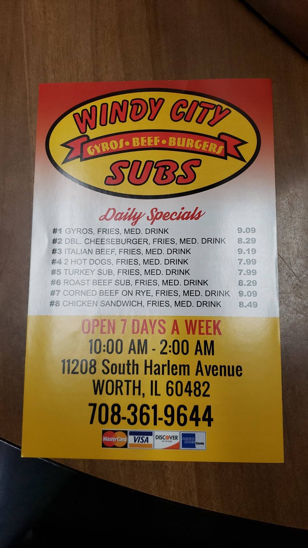 Menu at Windy City Subs fast food, Worth, S Harlem Ave