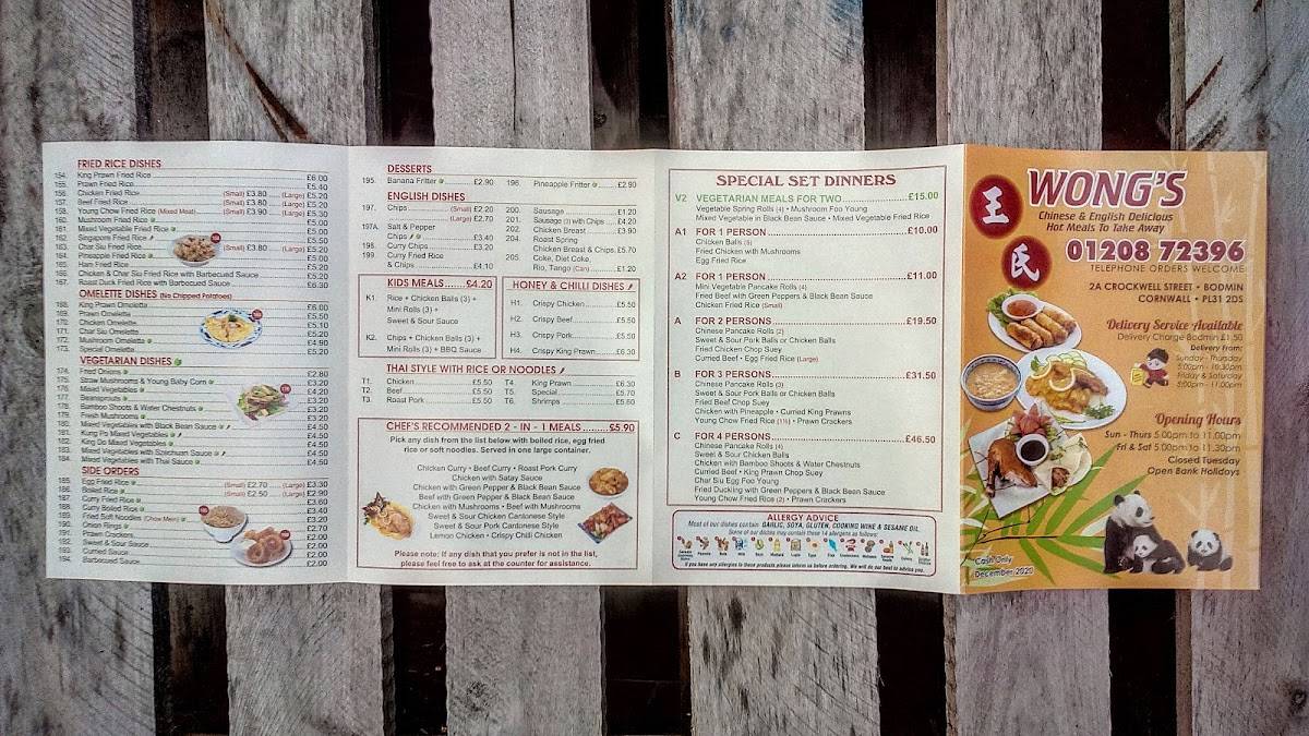 Menu at Wong's fast food, Bodmin