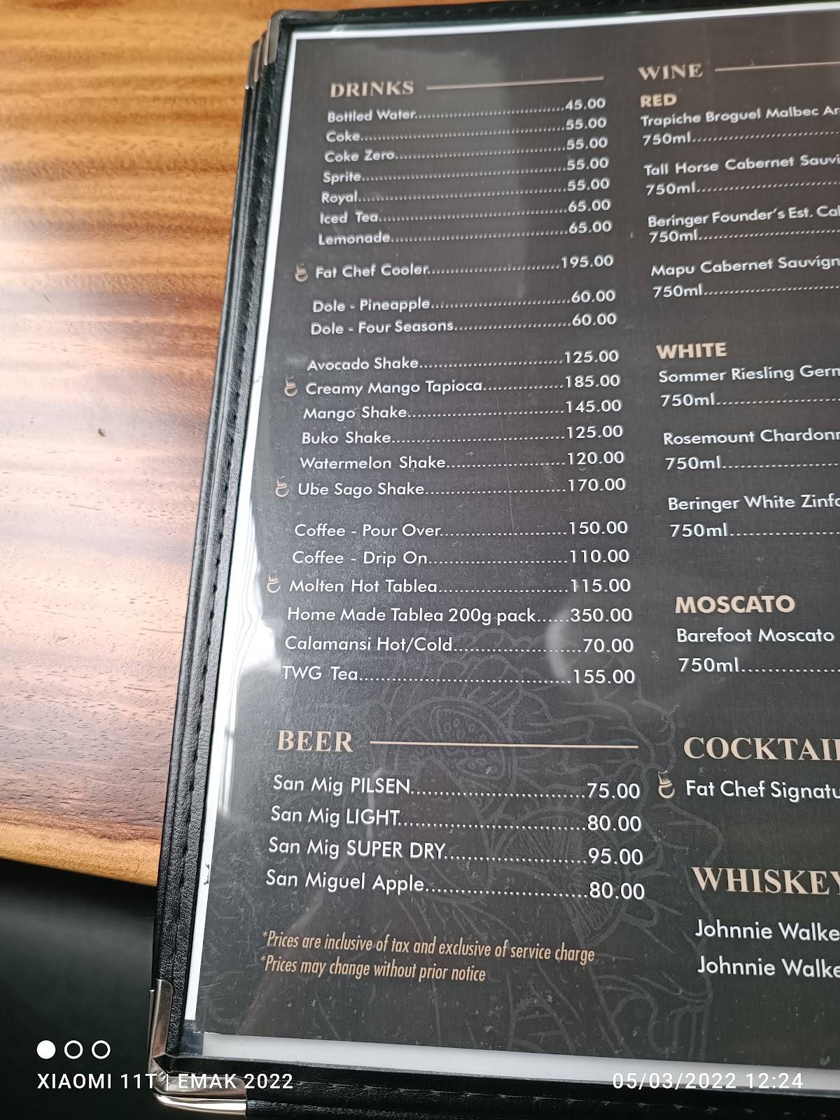 Carta de Fat Chef Restaurant, Cagayan de Oro