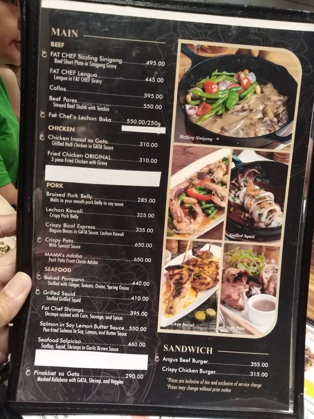 Carta de Fat Chef Restaurant, Cagayan de Oro