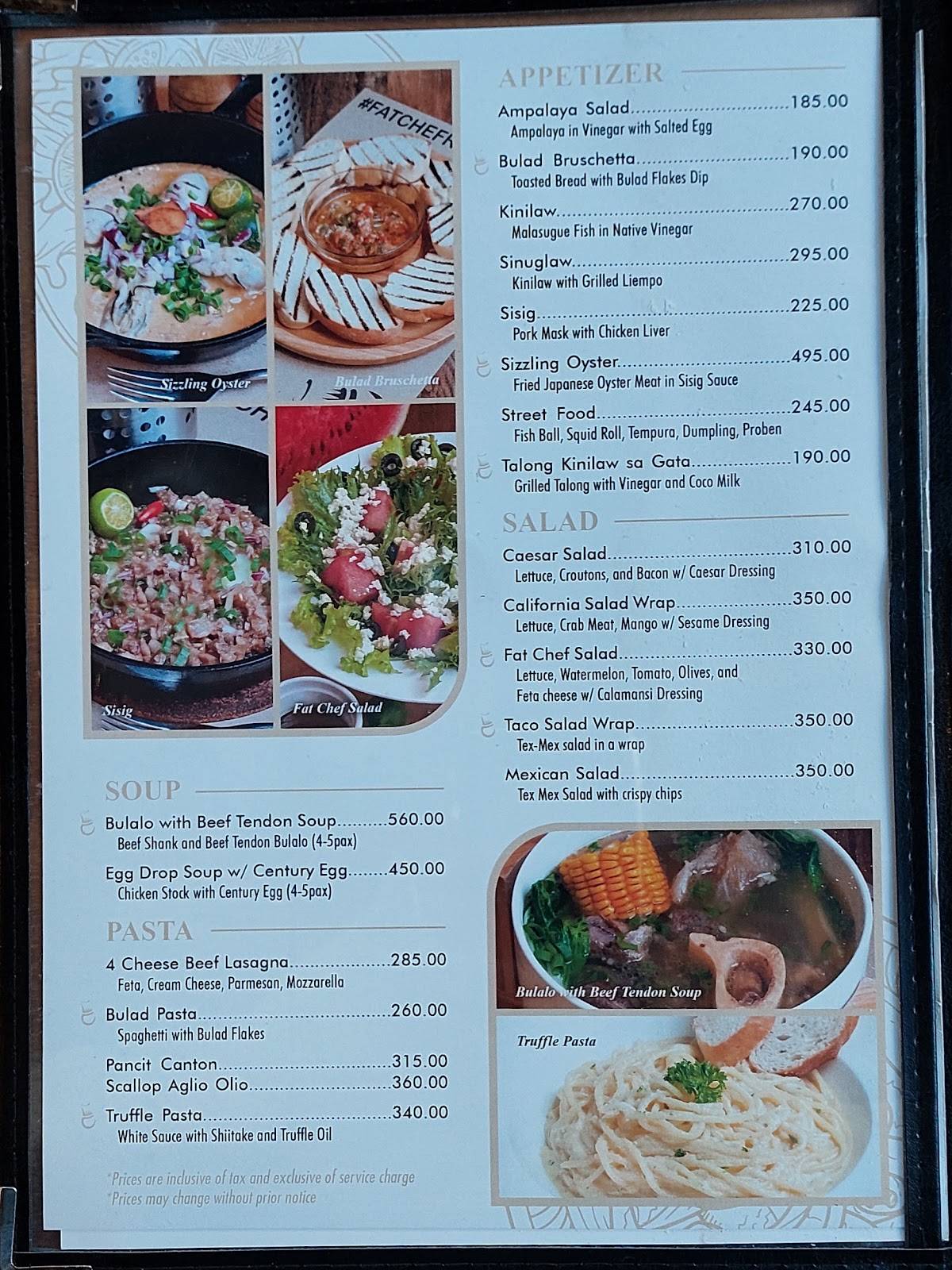 Carta de Fat Chef Restaurant, Cagayan de Oro