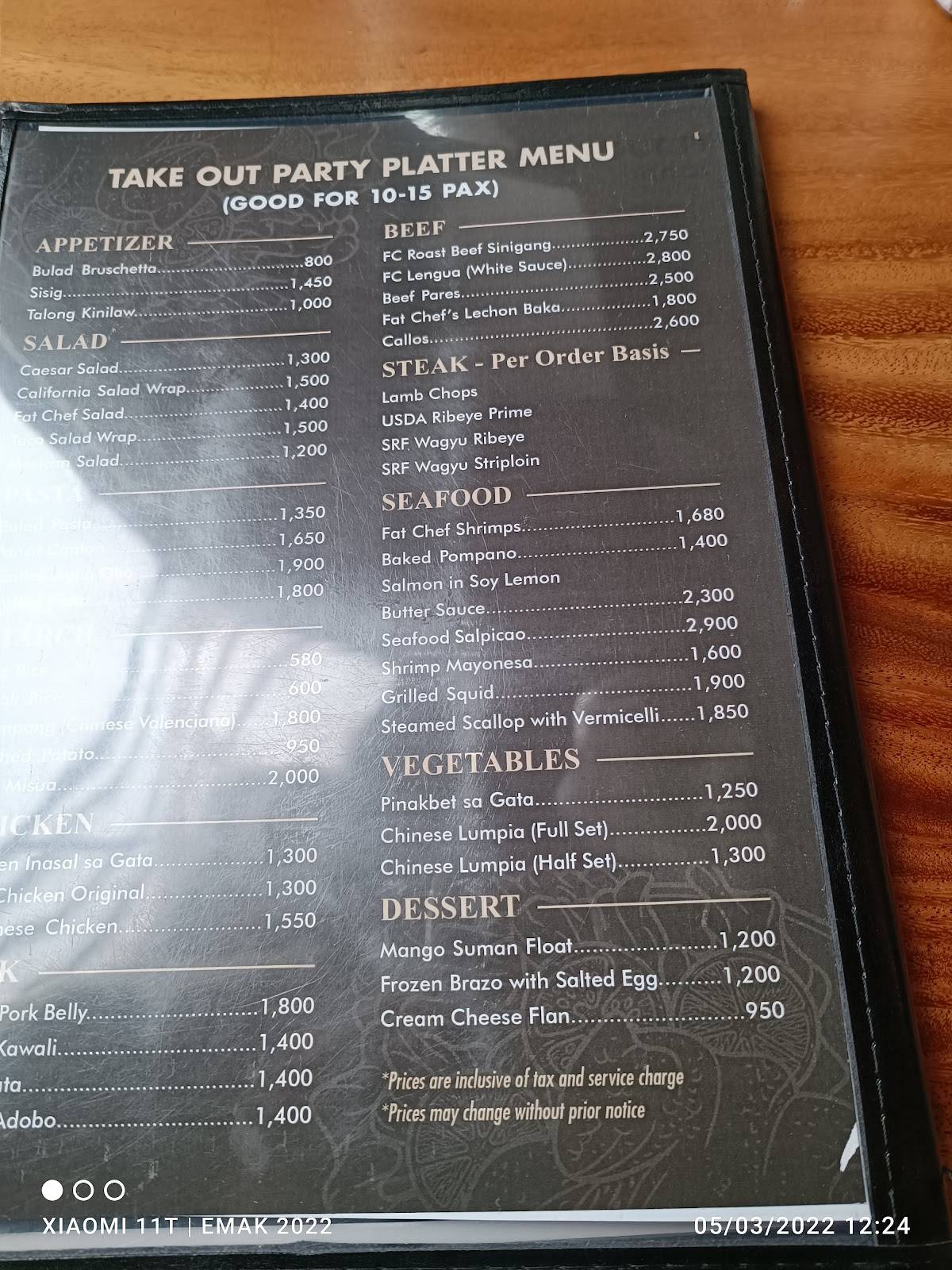 Carta de Fat Chef Restaurant, Cagayan de Oro