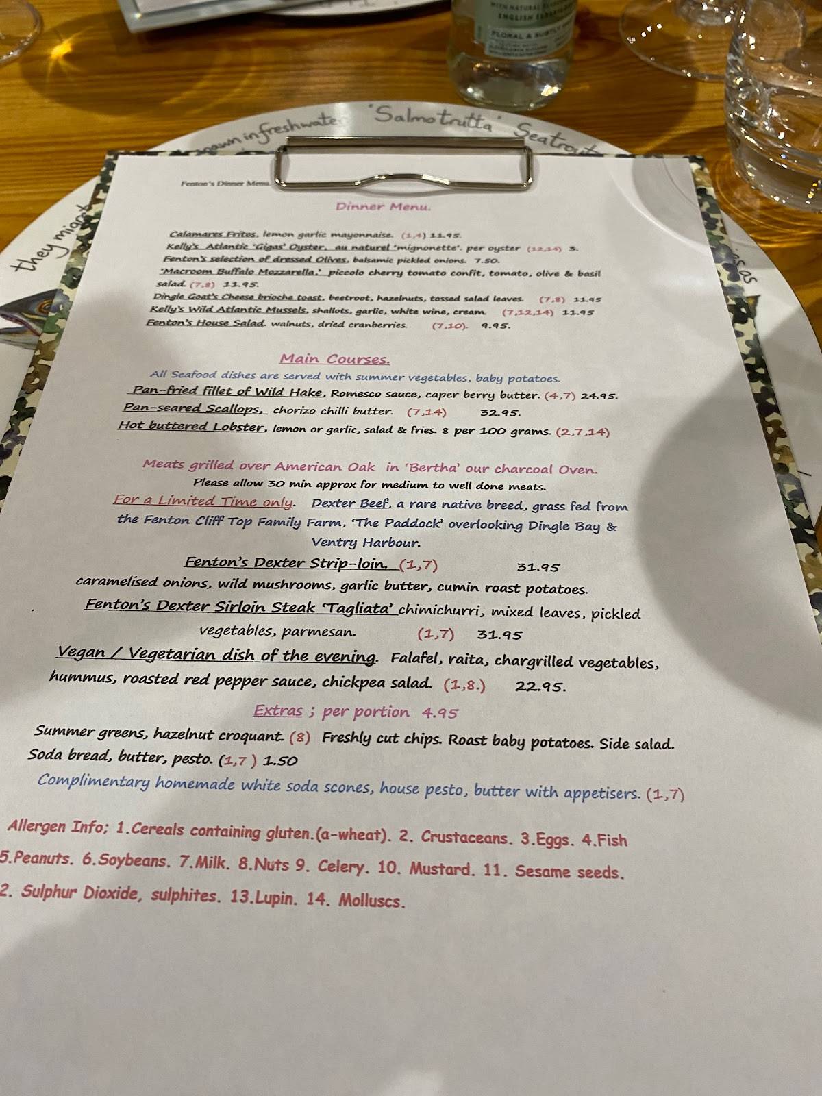 Menu at Fenton's of Dingle restaurant, Dingle