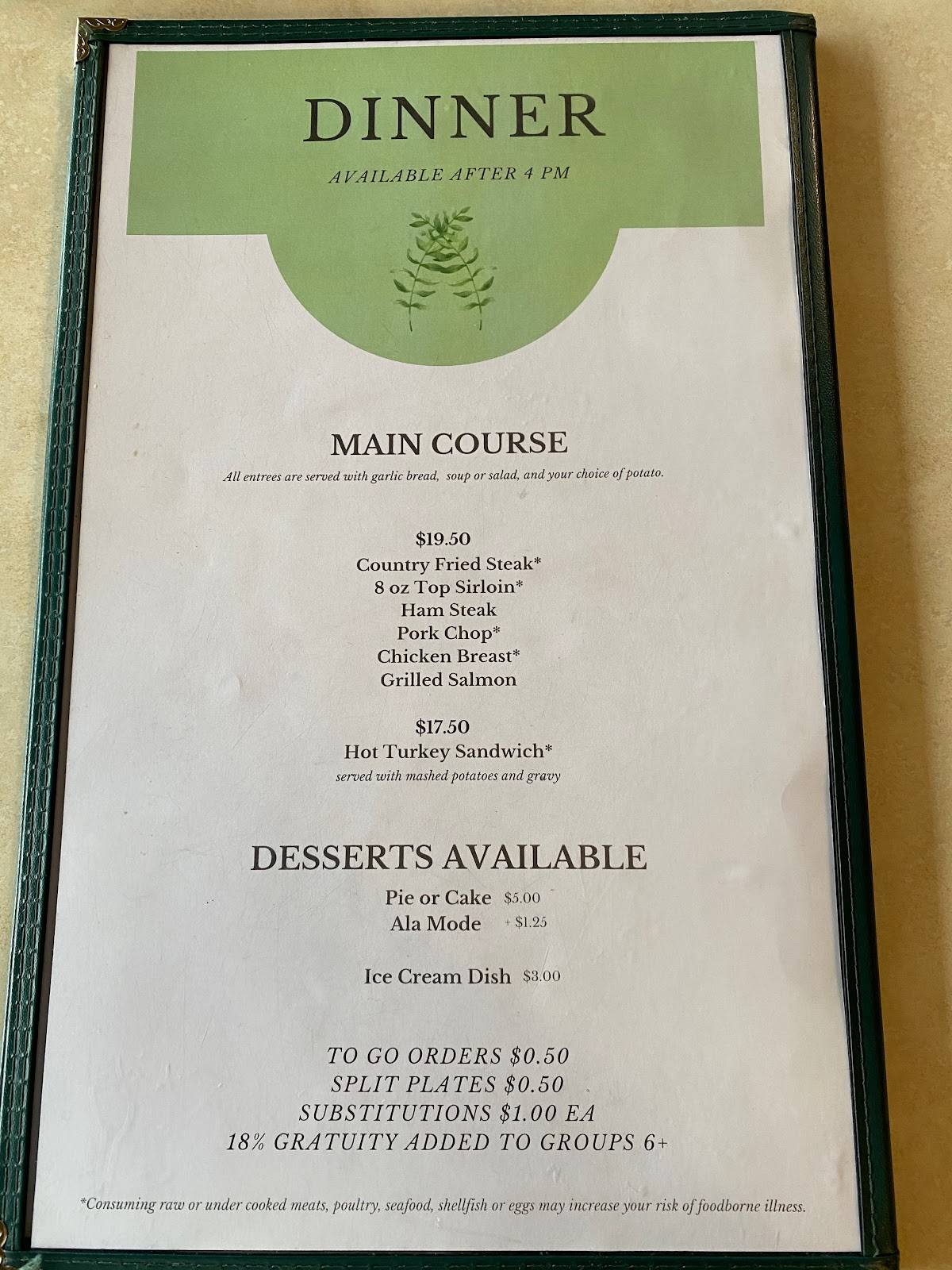 Menu at Fern Restaurant & Lounge, Tillamook