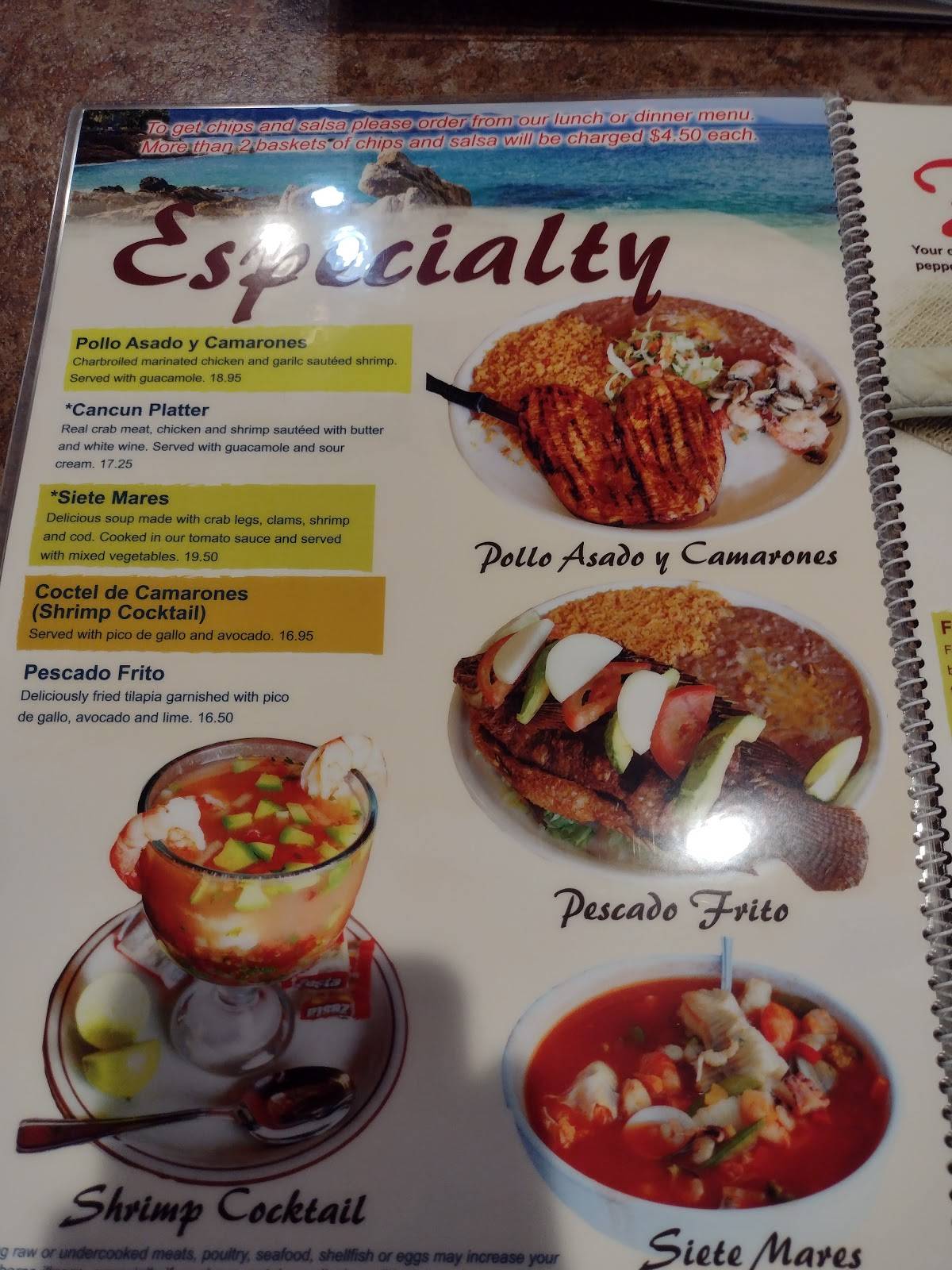 Menu at Fiesta Vallarta restaurant, Delta