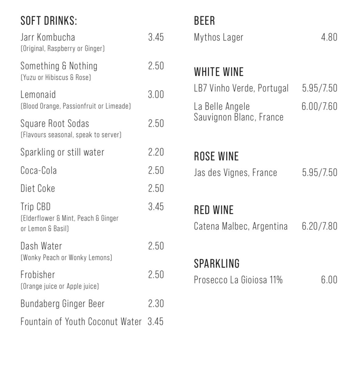 Menu at Fig + Sparrow cafe, Manchester