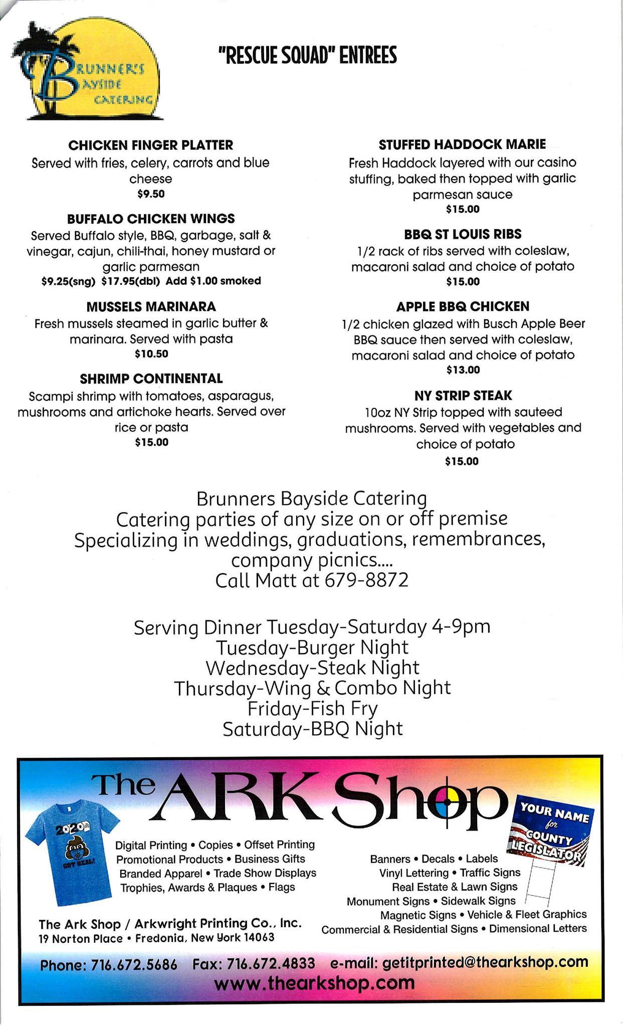 Menu at Fireman's Club, Silver Creek