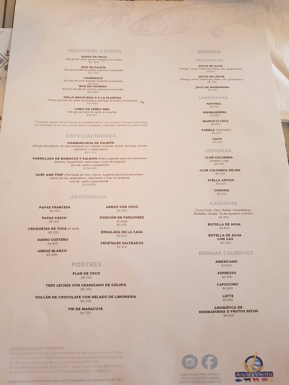 Carta del restaurante Fish Place, Bogotá, Cra. 19a #78 37