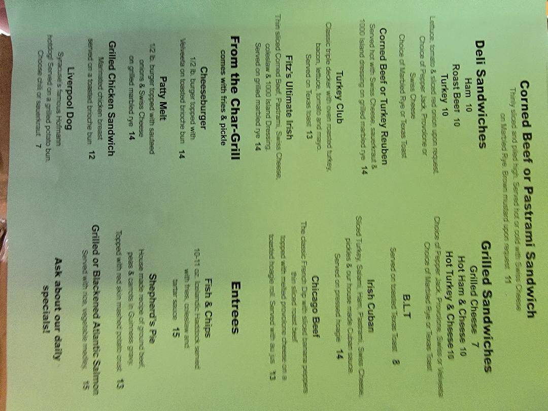 Menu at Fitzgerald's Irish Tavern pub & bar, New Port Richey, Nebraska Ave