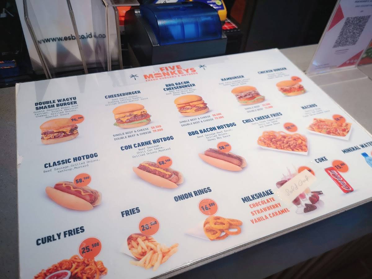 Carta del restaurante Five Monkeys Burger - Sarinah, Central Jakarta