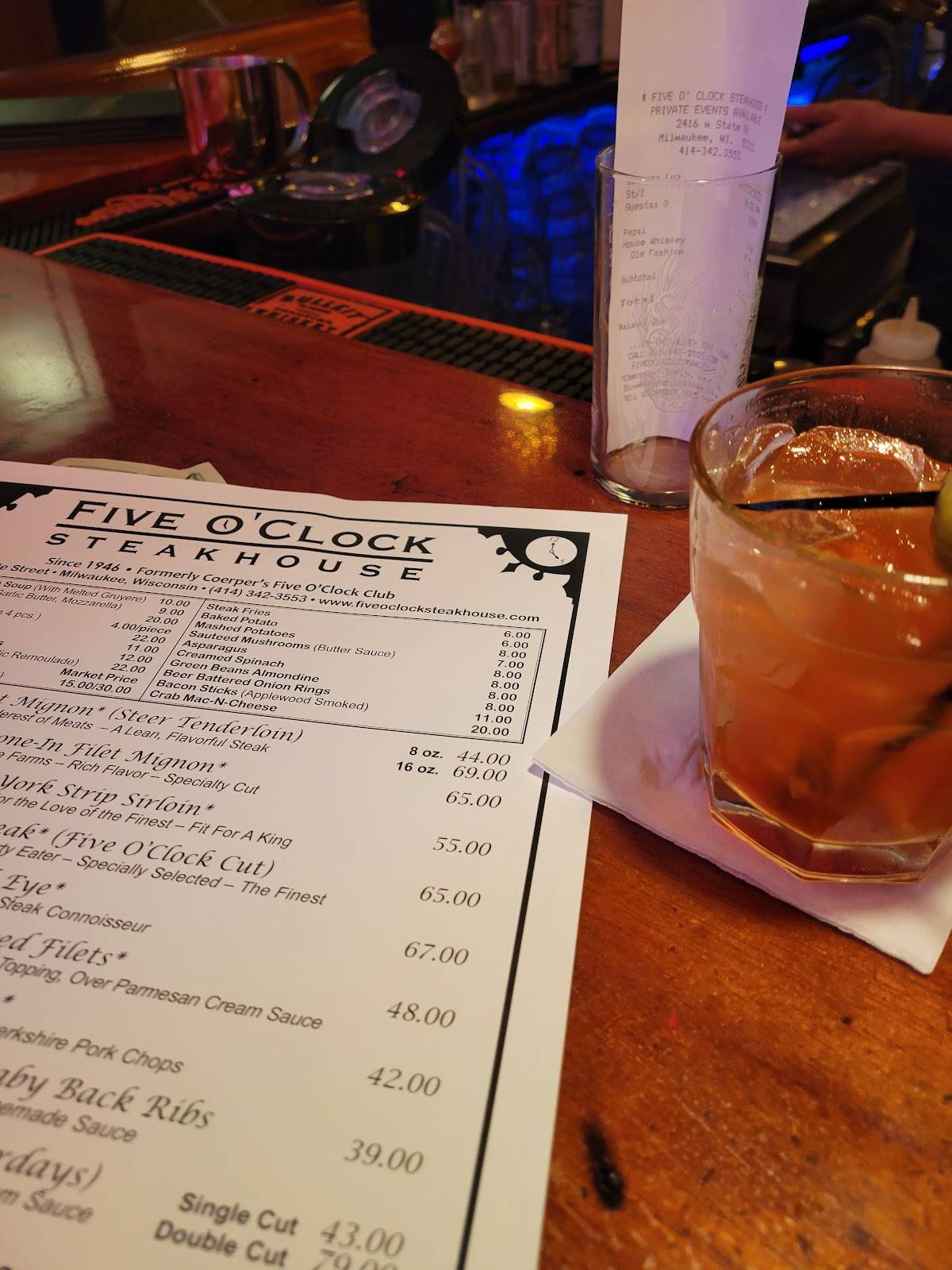 Menu at Five O'Clock Steakhouse, Milwaukee