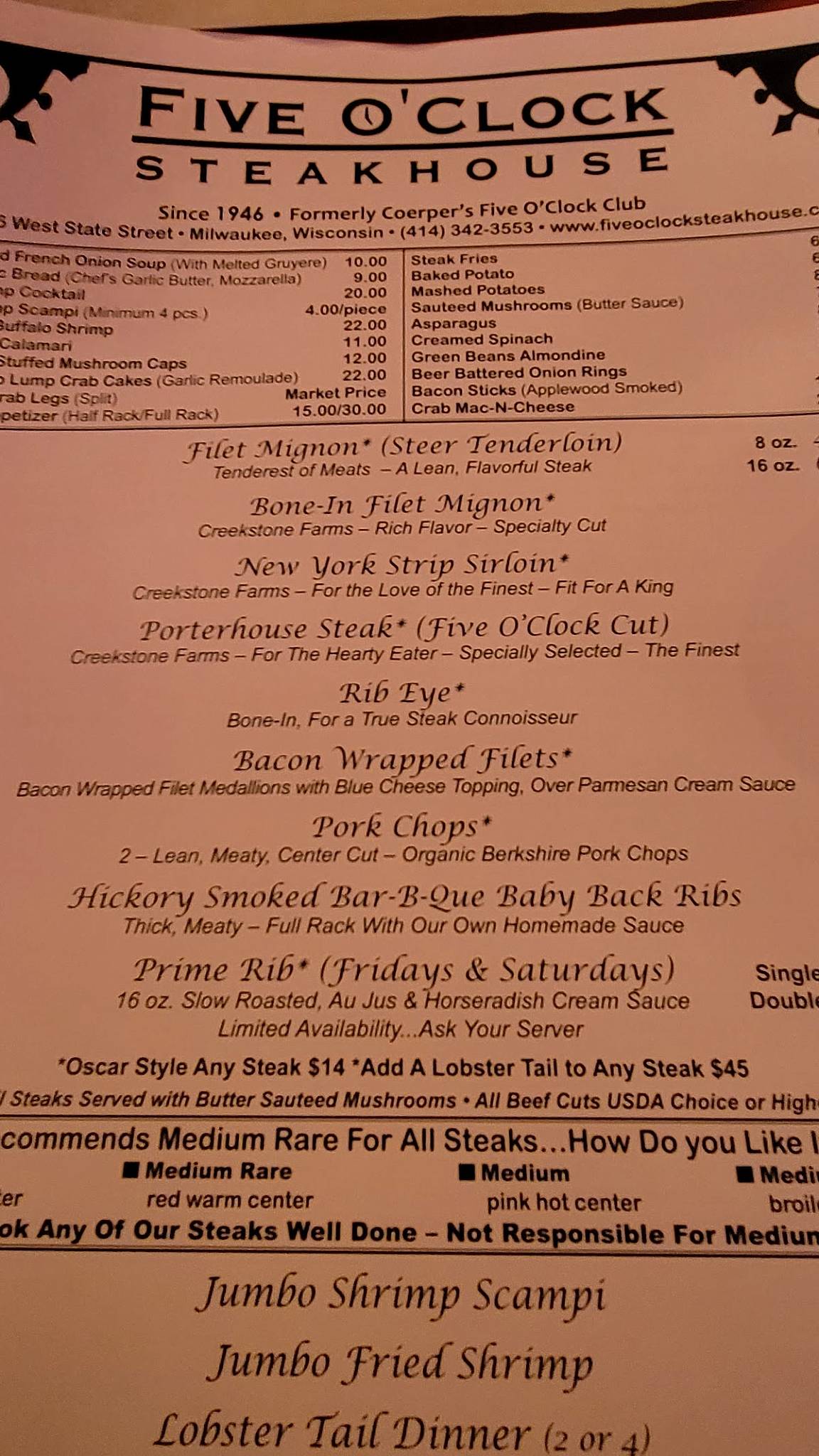 Menu at Five O'Clock Steakhouse, Milwaukee