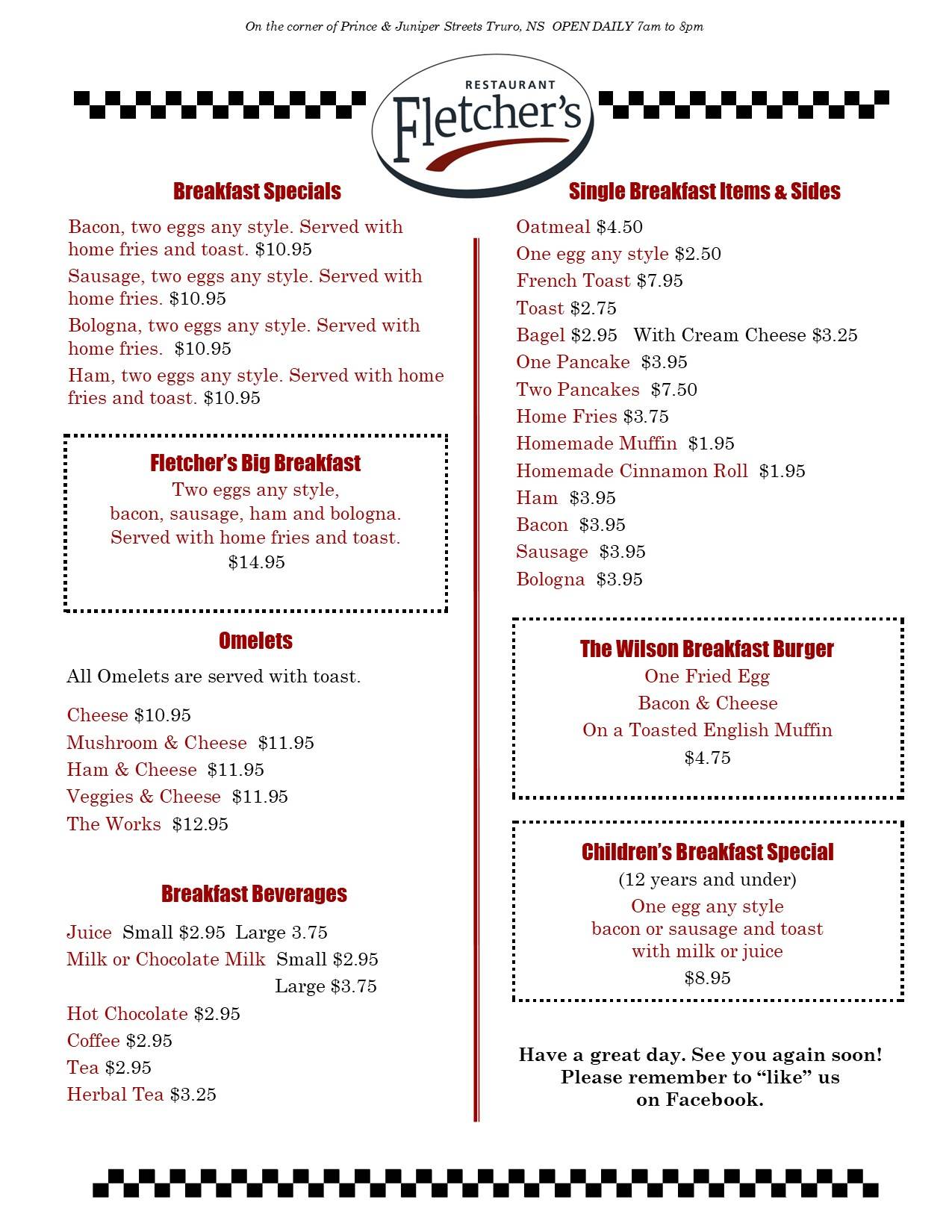 Menu at Fletcher's Restaurant, Truro