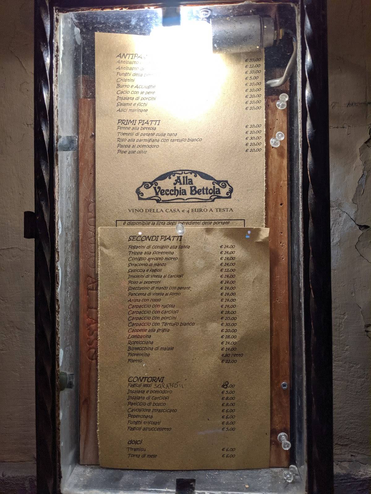 Menu at Alla Vecchia Bettola restaurant, Florence
