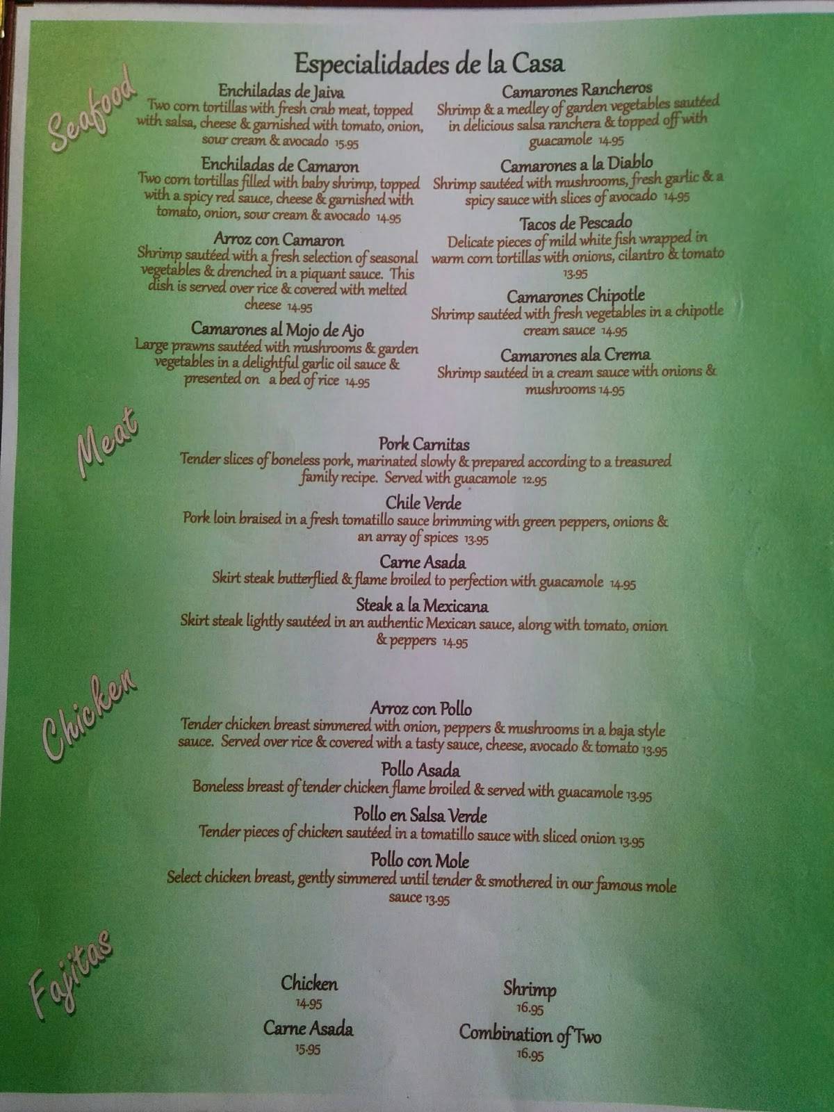 Menu at Los Compadres Taqueria restaurant, Florence