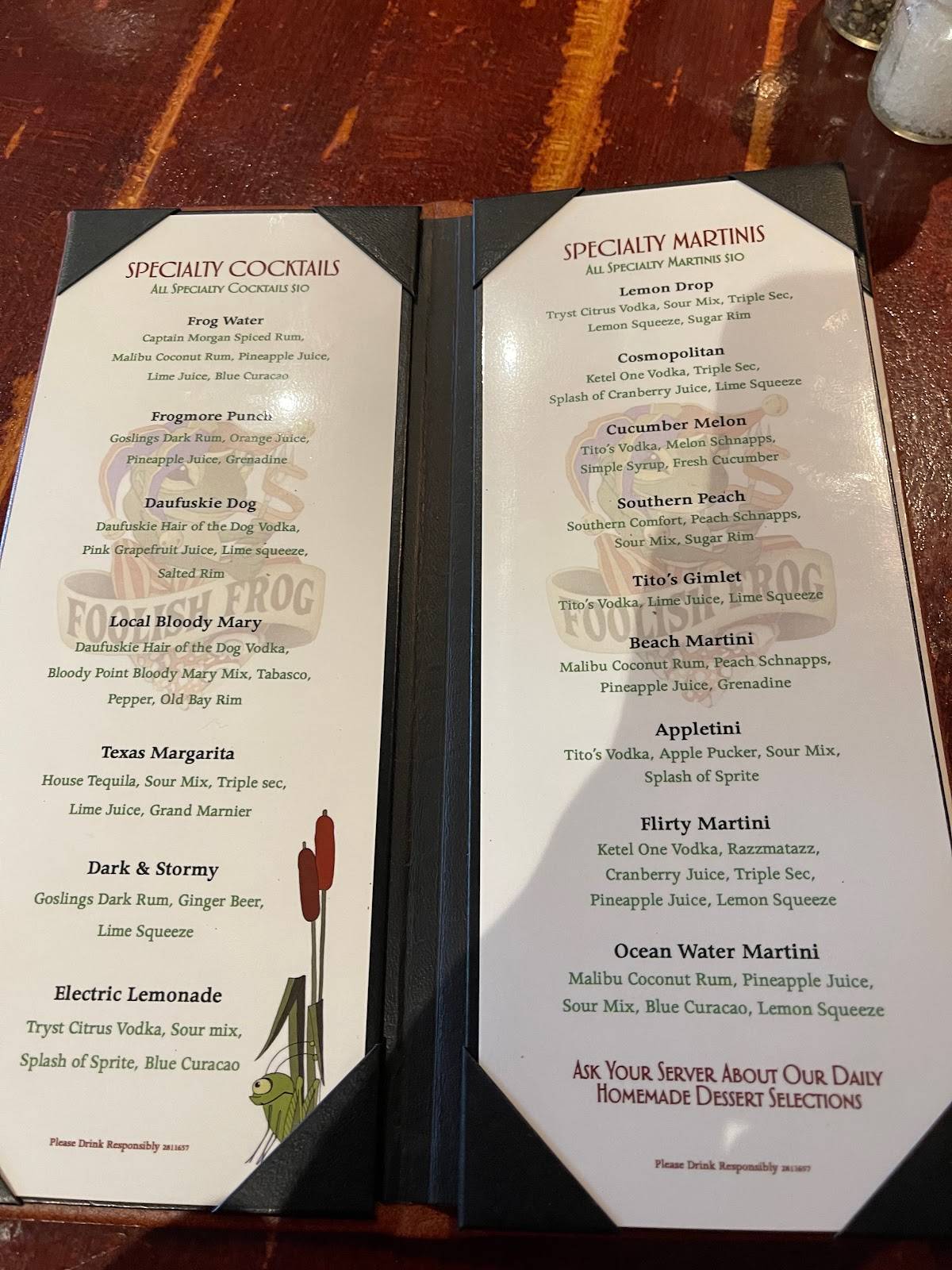 Menu at Foolish Frog restaurant, Saint Helena Island