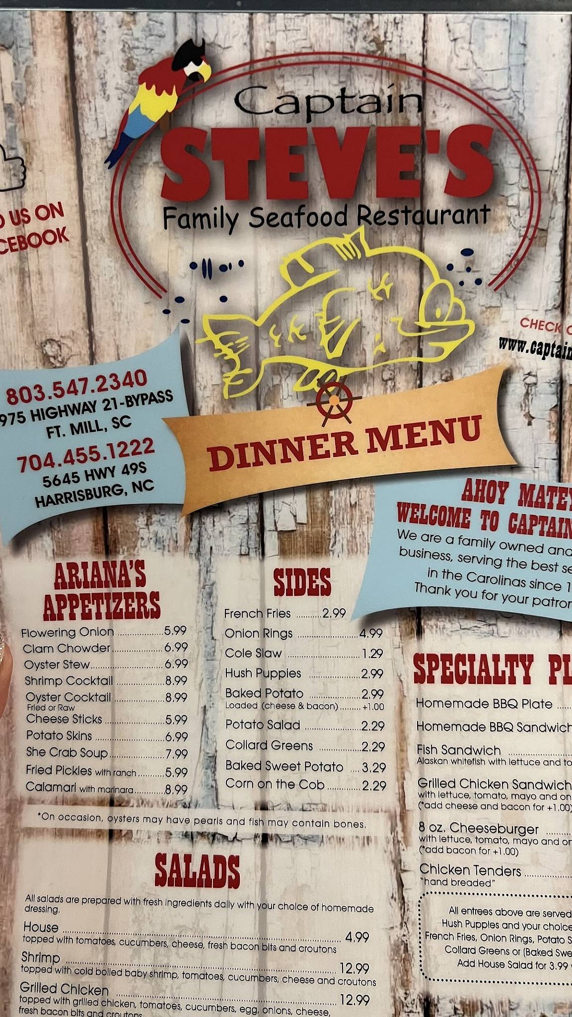 Menu at Captain Steve's Family Seafood Restaurant in Fort Mill, SC ...
