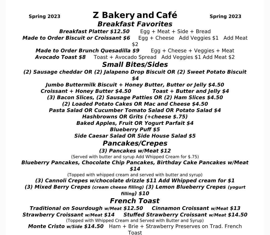 Menu at Z Bakery and Cafe, Fort Mill