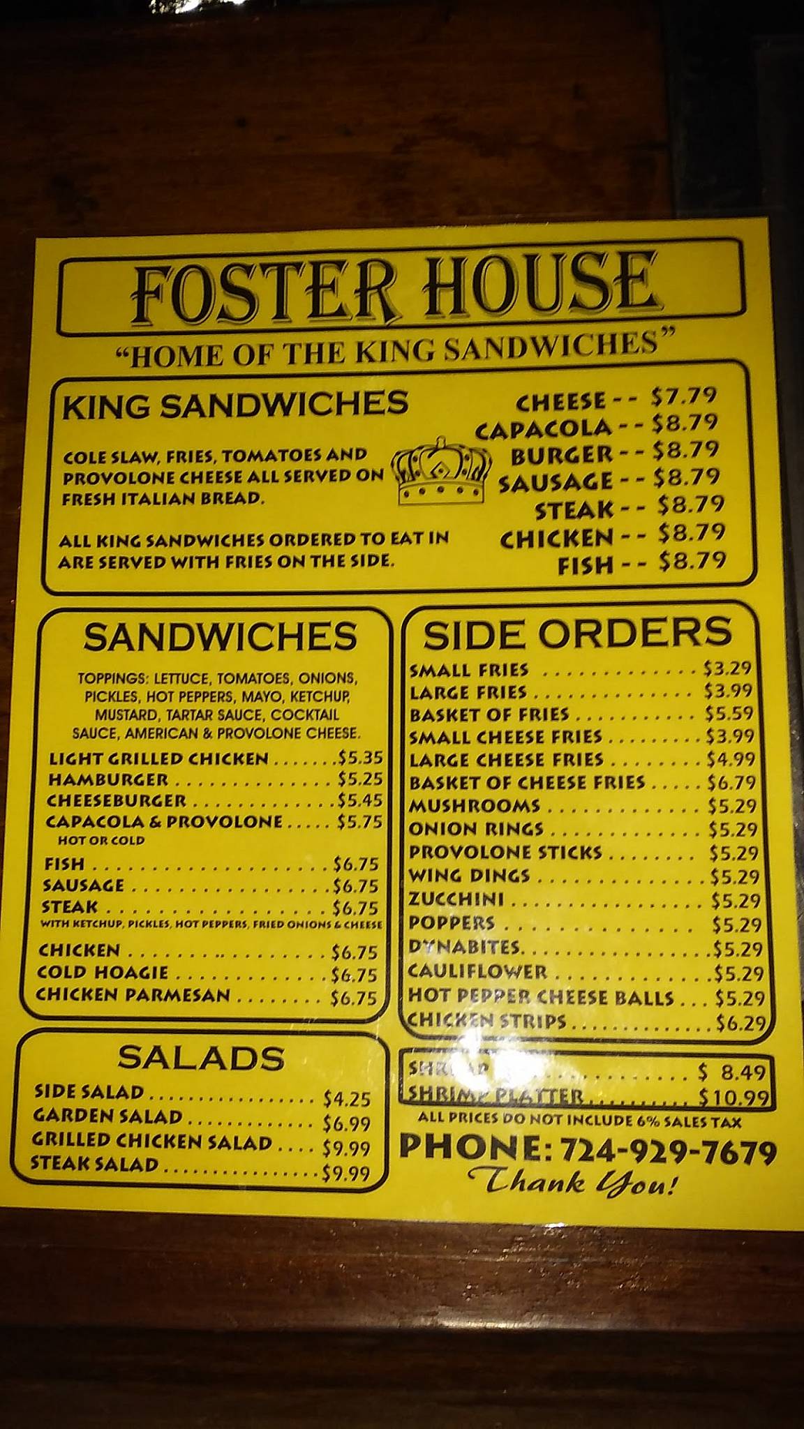 Menu at Foster House II pub & bar, Belle Vernon, One Cook Rd