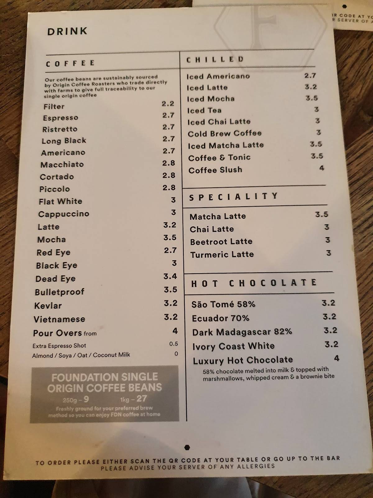 Menu at Foundation Coffee House, Manchester, Sevendale House