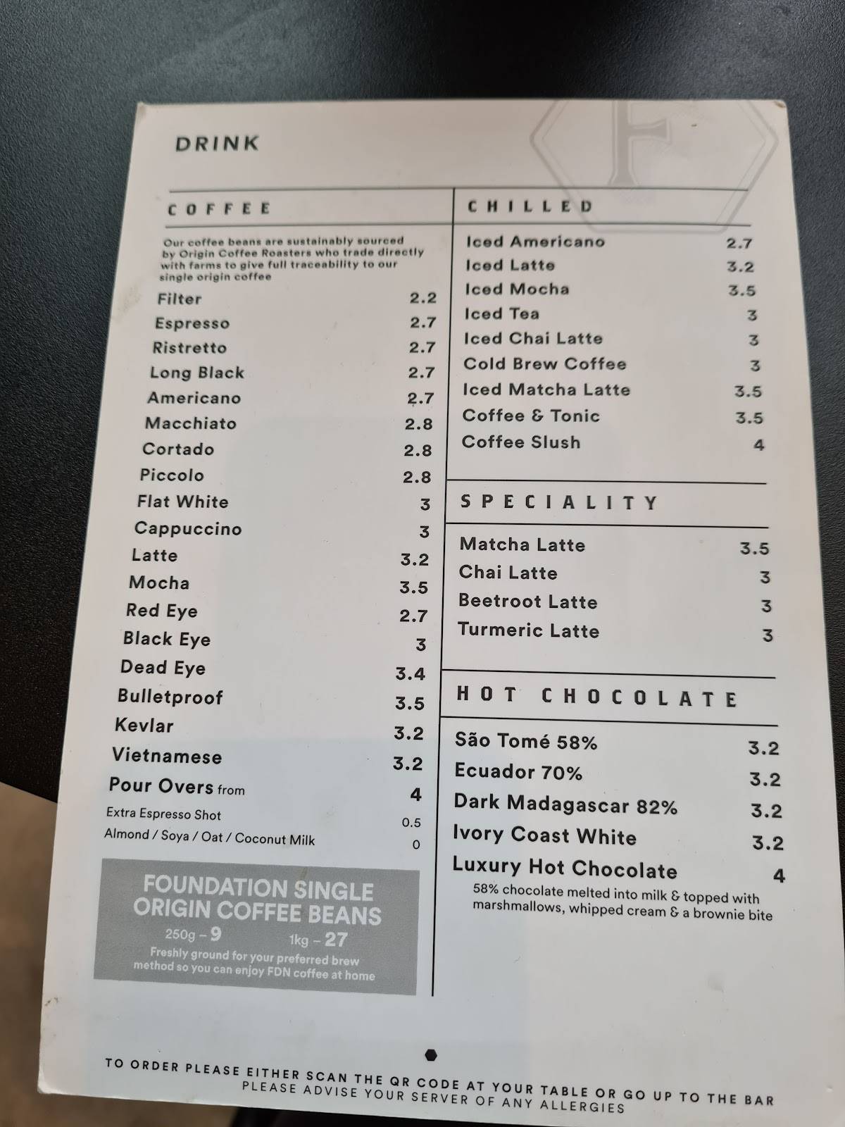 Menu at Foundation Coffee House, Manchester, Sevendale House