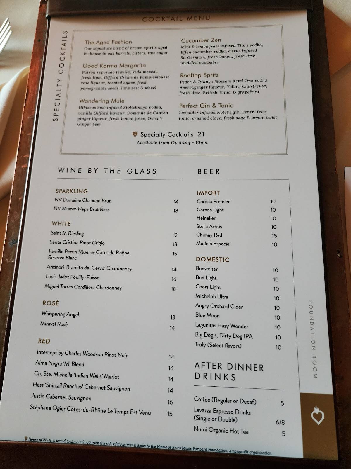 Menu at Foundation Room Las Vegas pub & bar, Las Vegas, S Las Vegas Blvd