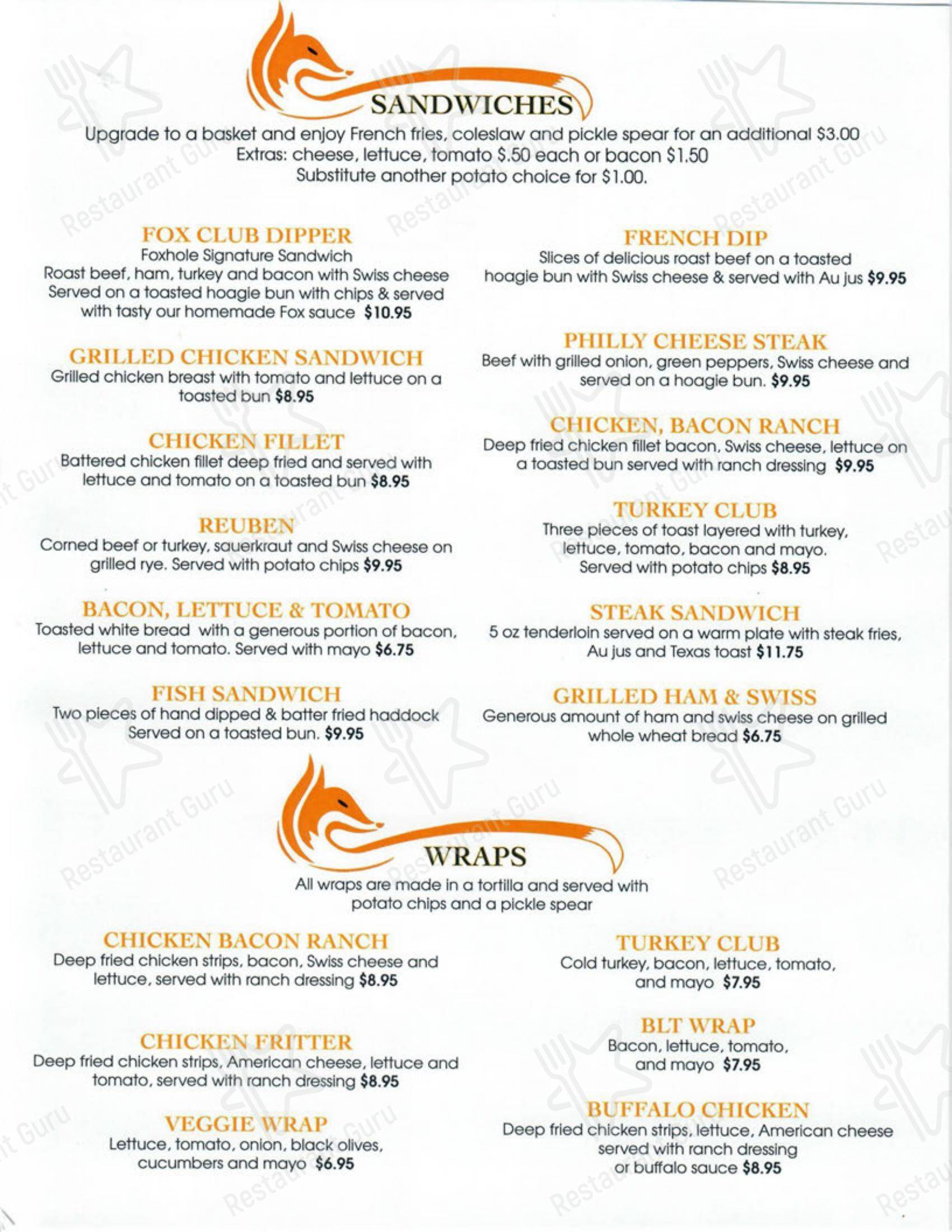 Menu at Foxhole Pub, Sparta