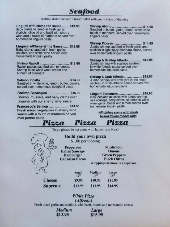 Menu at Francesco's pizzeria, Claremore