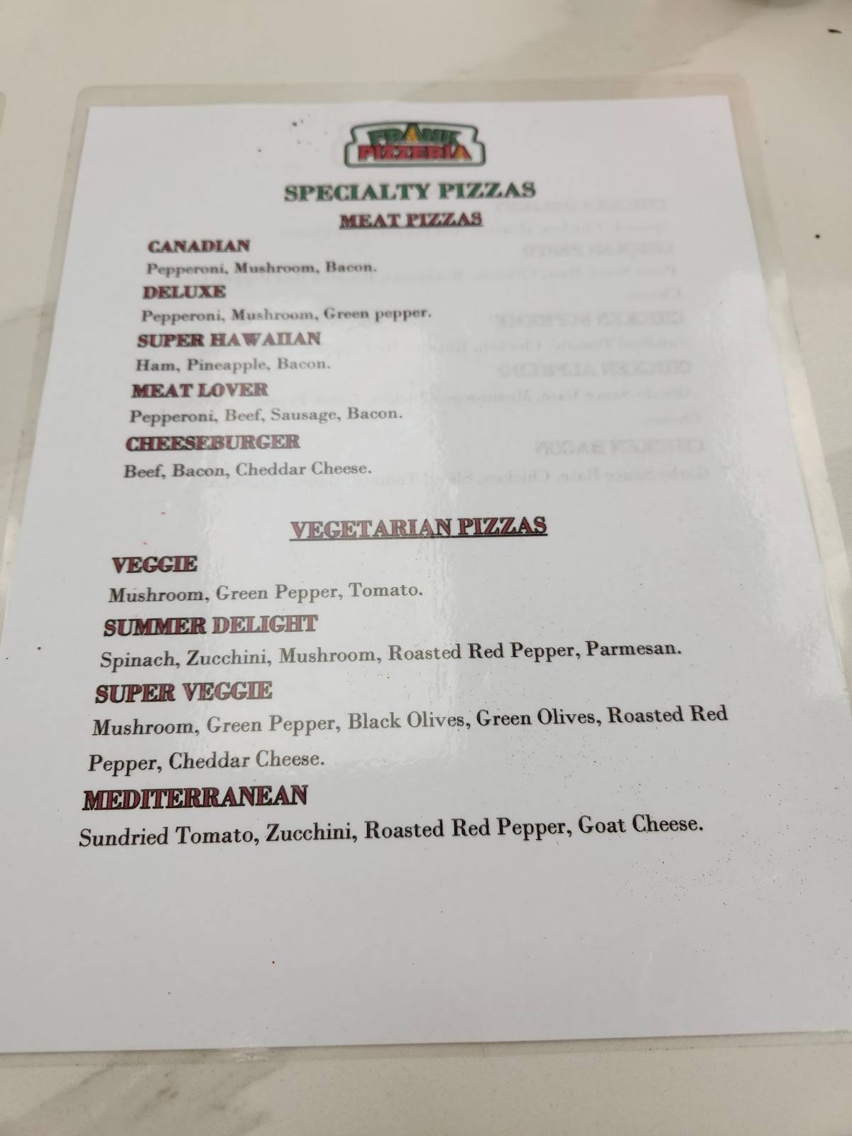Menu at Frank Pizzeria, Toronto