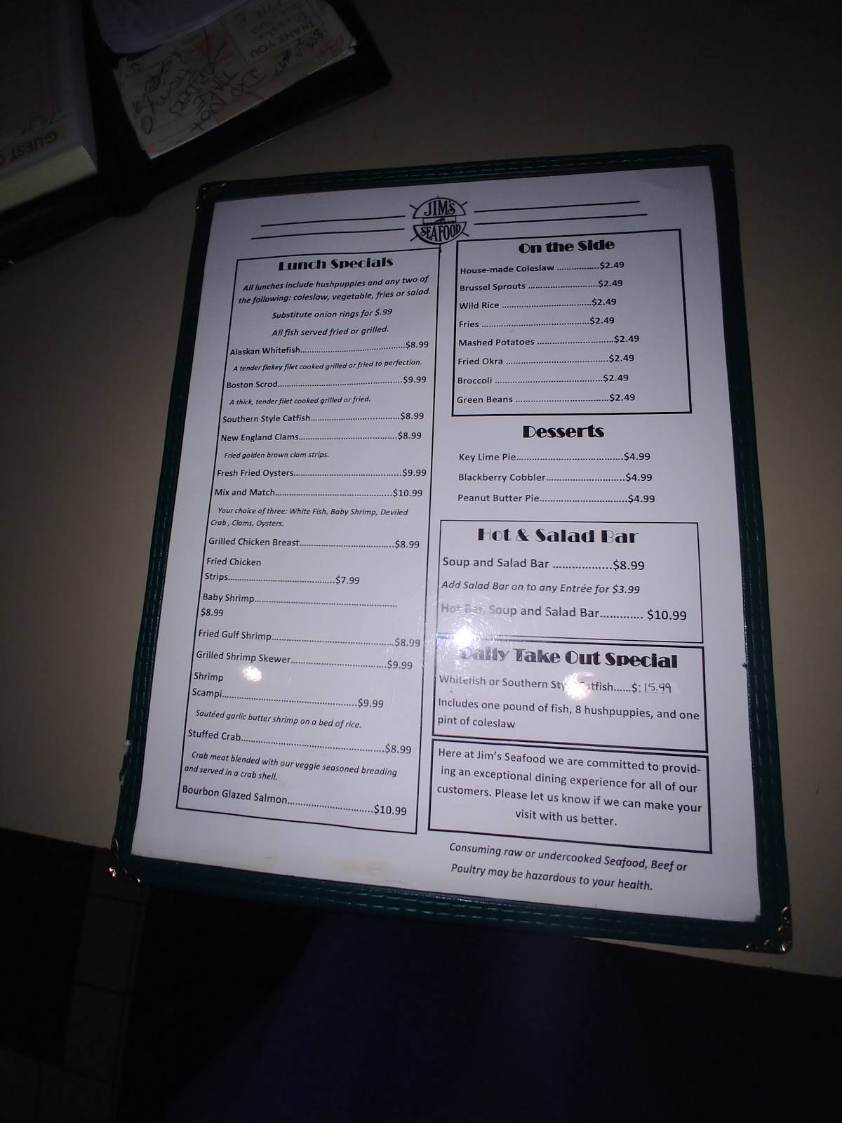 Menu at Jim's Seafood restaurant, Frankfort