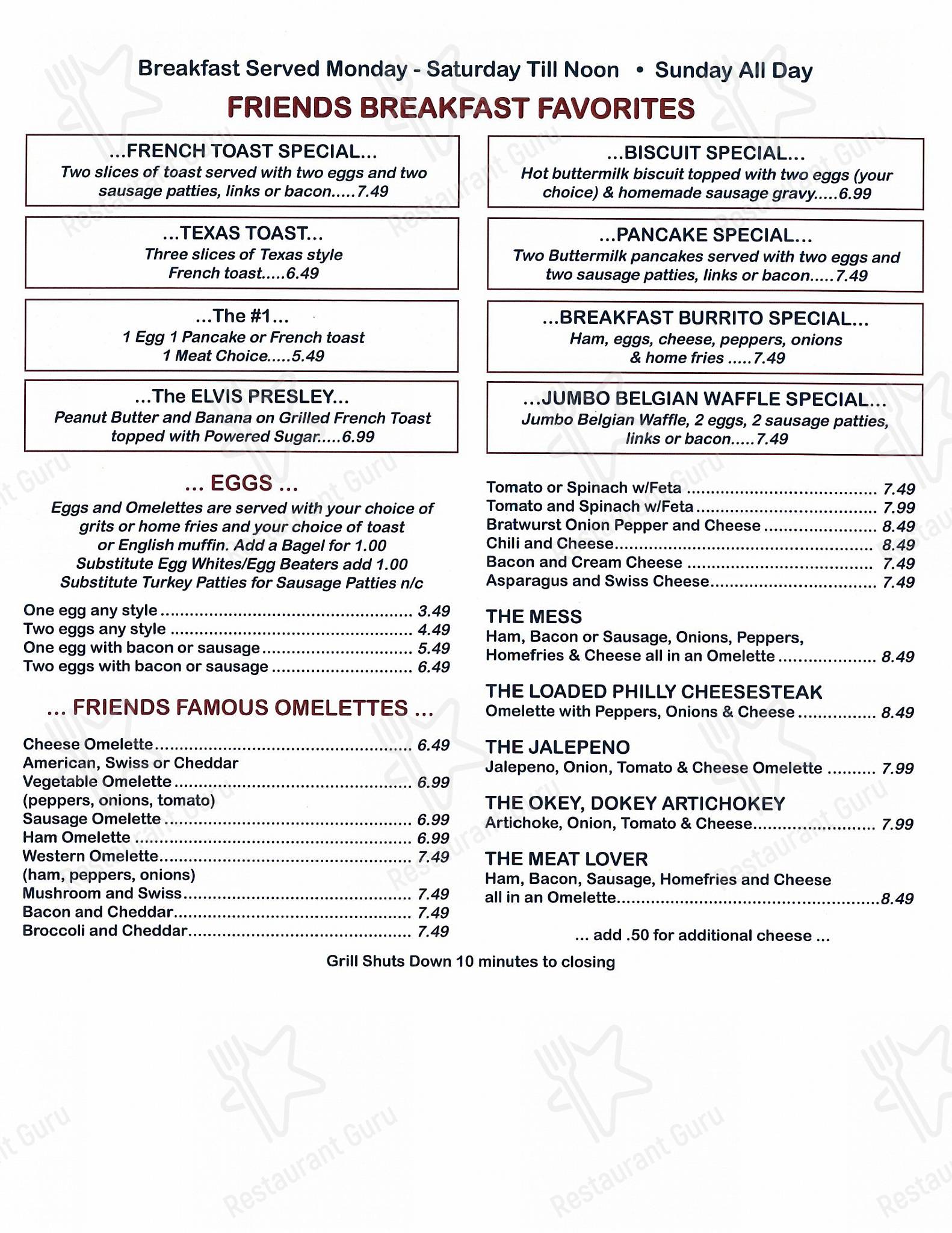 Menu at Friend's Cafe, Flagler Beach