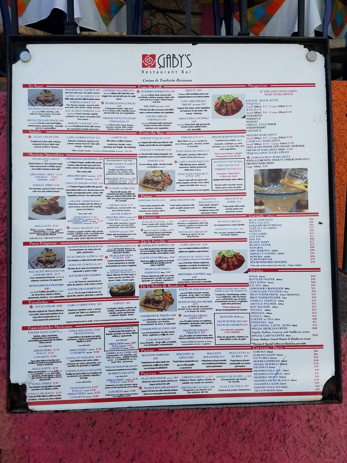 Menu at Gaby's Restaurant, Puerto Vallarta, C. Mina 252
