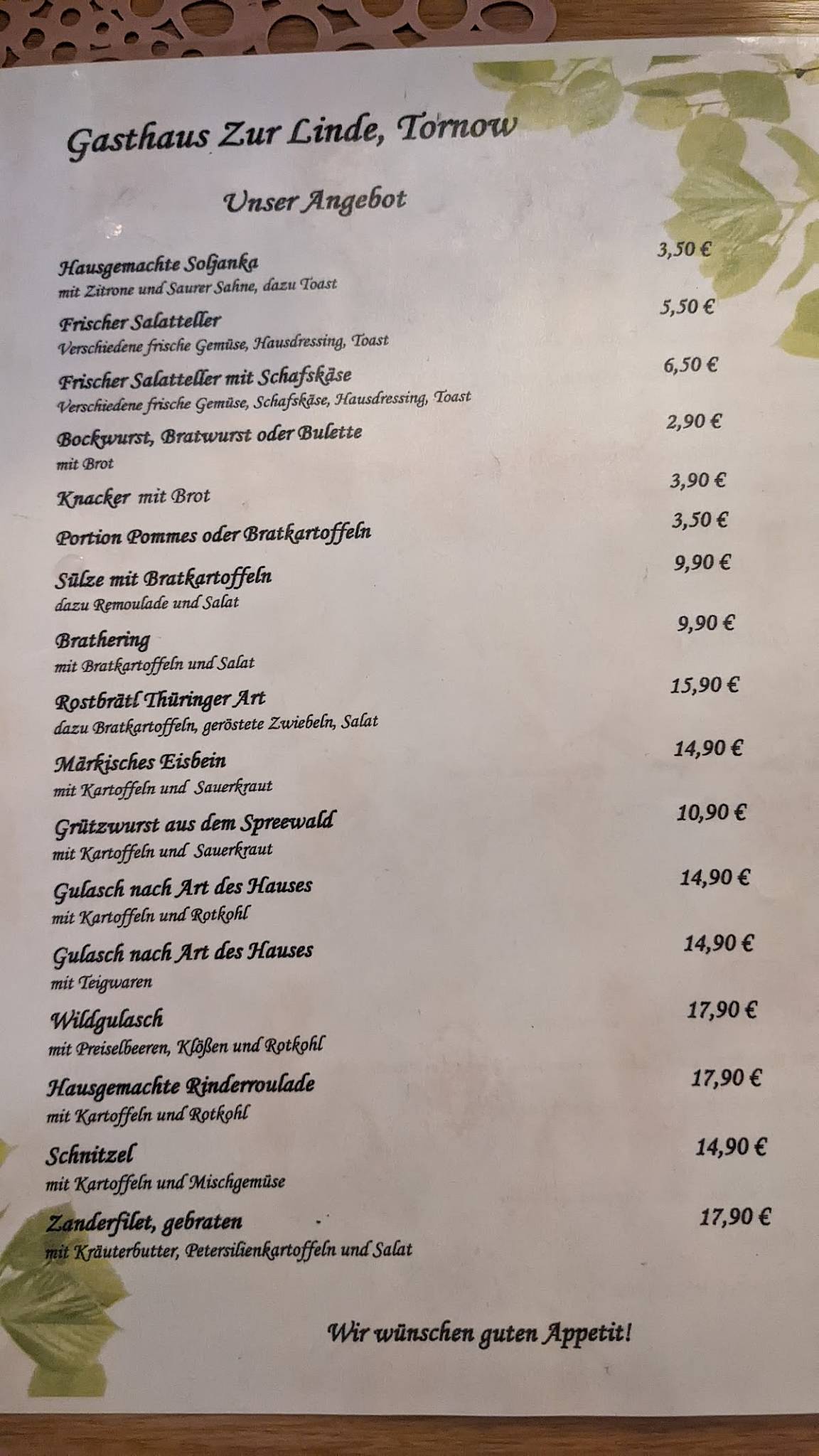 Speisekarte Von Hotel-Gasthaus Zur Linde, Panschwitz-Kuckau – Netzdot