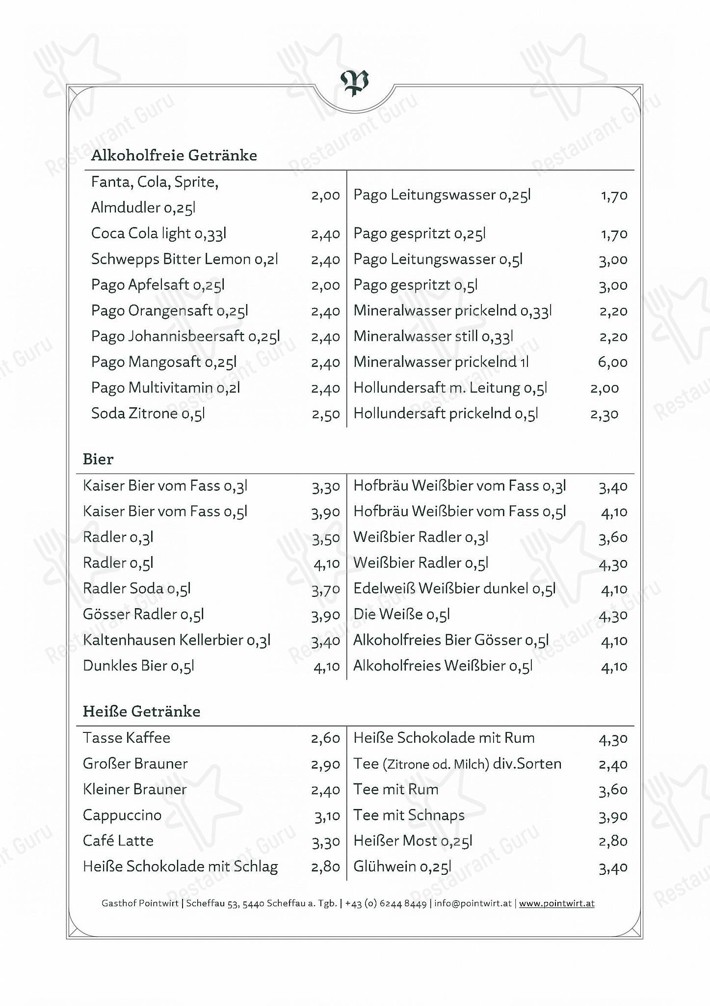 Speisekarte von Gasthof Pointwirt restaurant, Scheffau am Tennengebirge