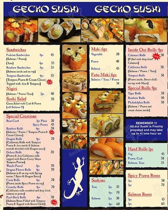 Menu at Gecko Lounge Wellington restaurant, Wellington, 41 Main Road