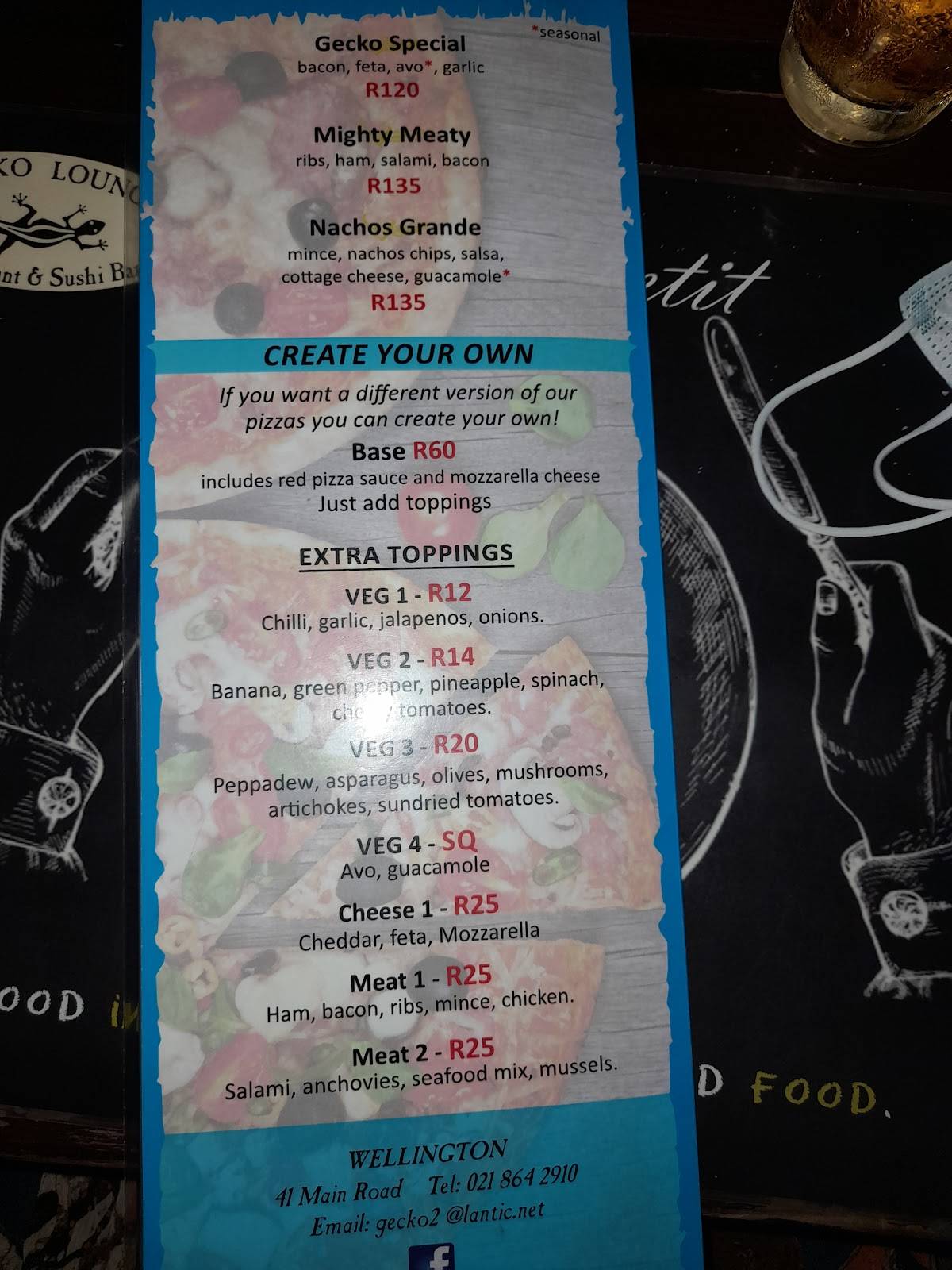 Menu at Gecko Lounge Wellington restaurant, Wellington, 41 Main Road