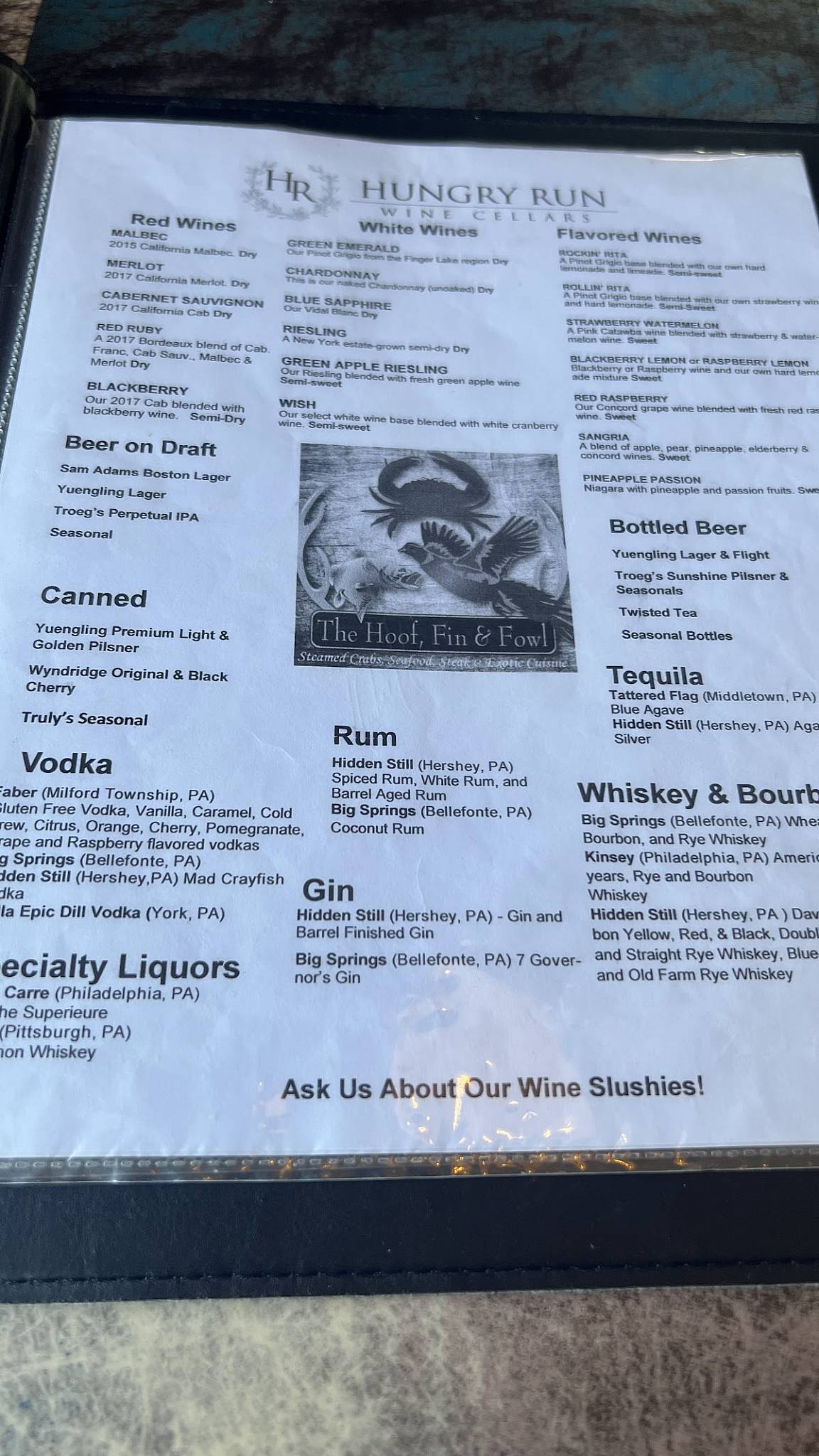 Menu at The Hoof, Fin & Fowl steakhouse, Gettysburg