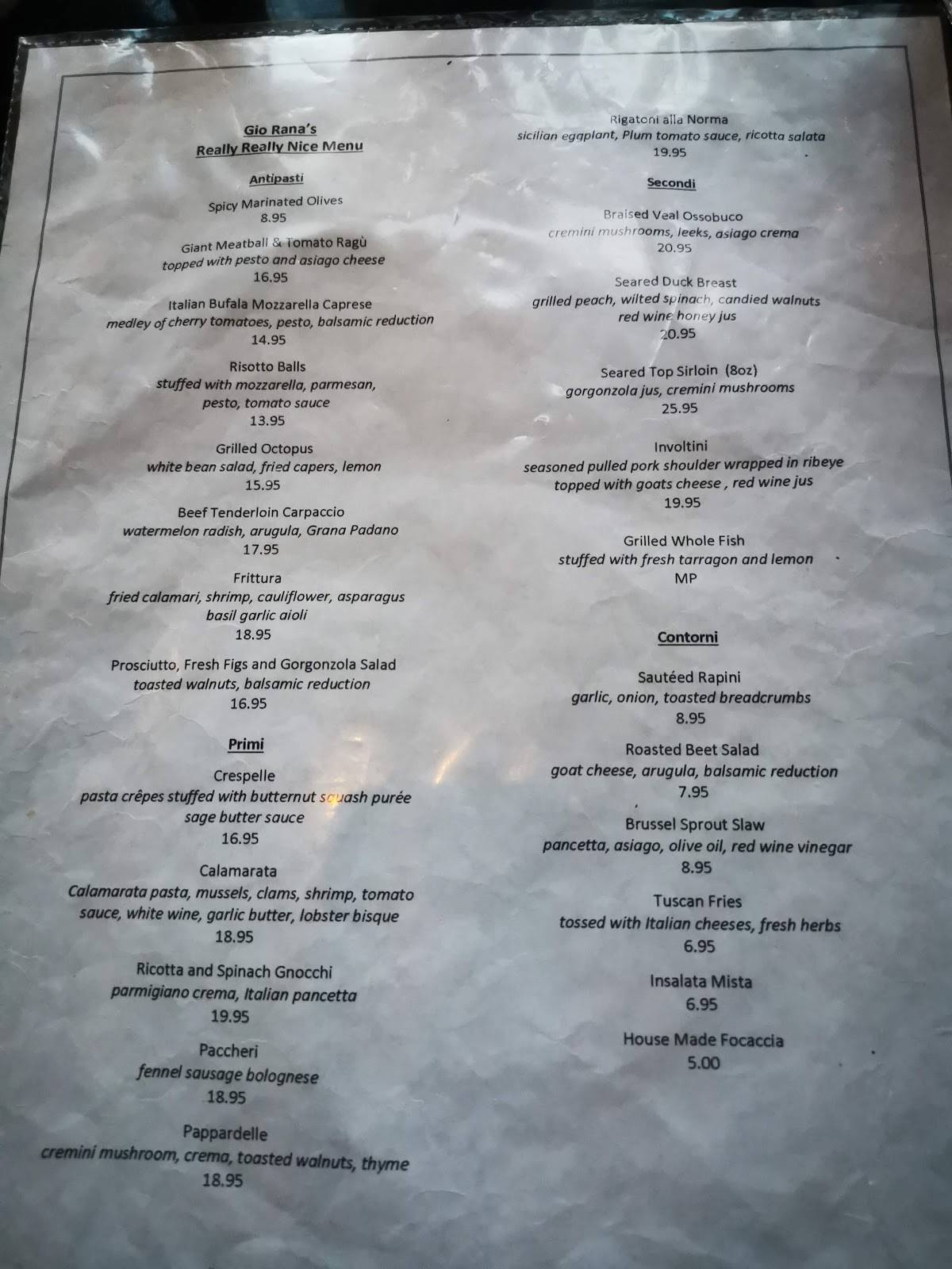 Menu at Gio Rana's Really Really Nice restaurant, Toronto
