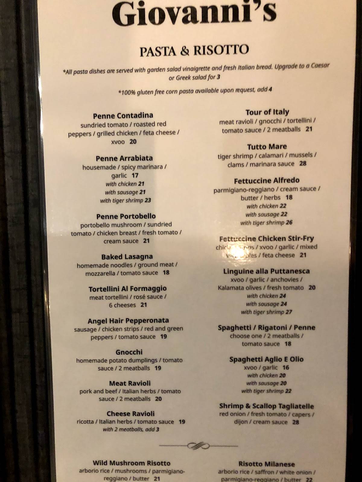 Menu at Giovanni's Restaurant, Sault Ste. Marie
