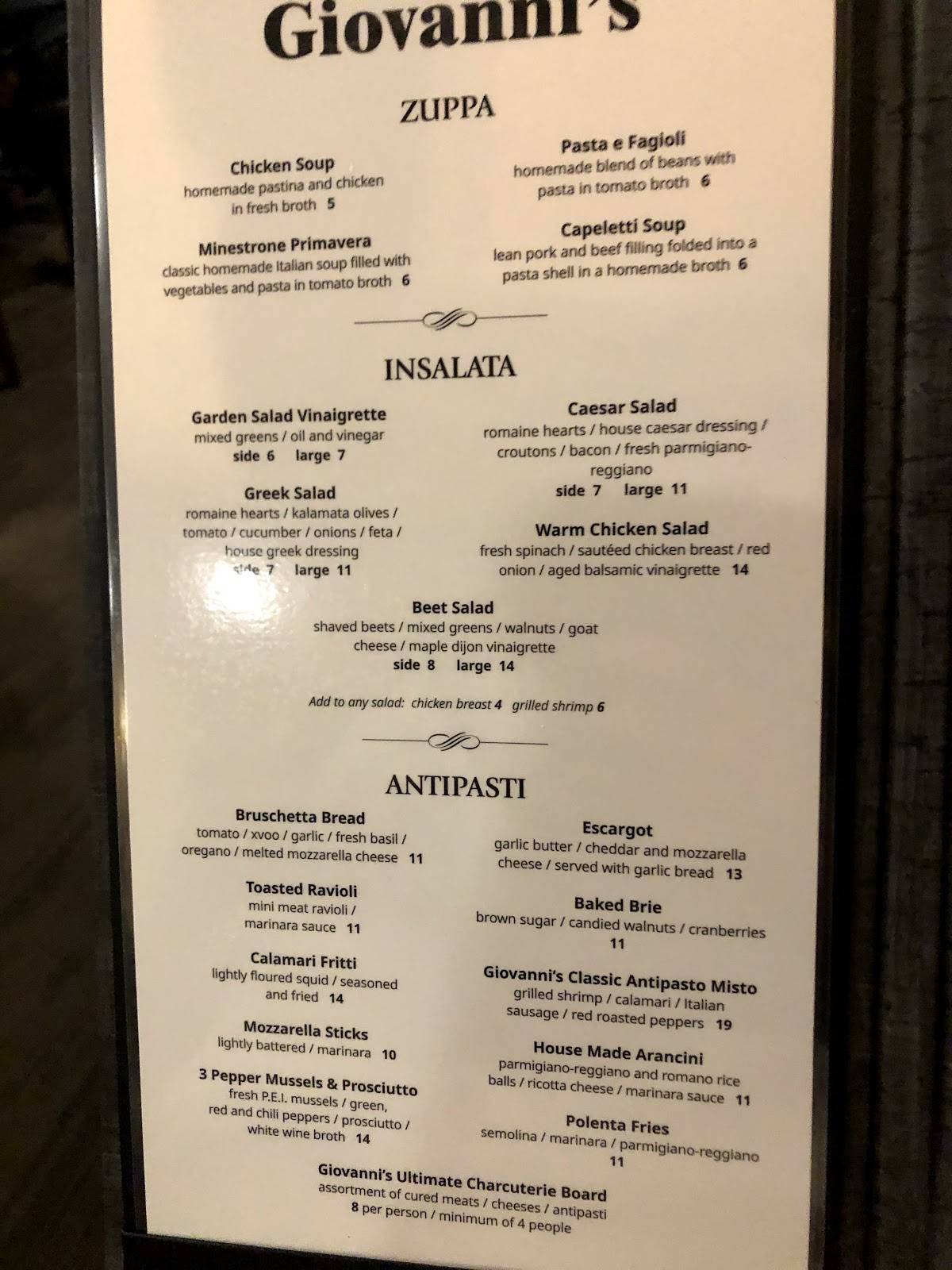 Menu at Giovanni's Restaurant, Sault Ste. Marie
